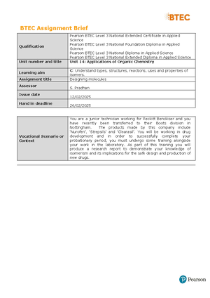 Unit 14 BTEC assignment brief: Applications of organic chemistry D ...