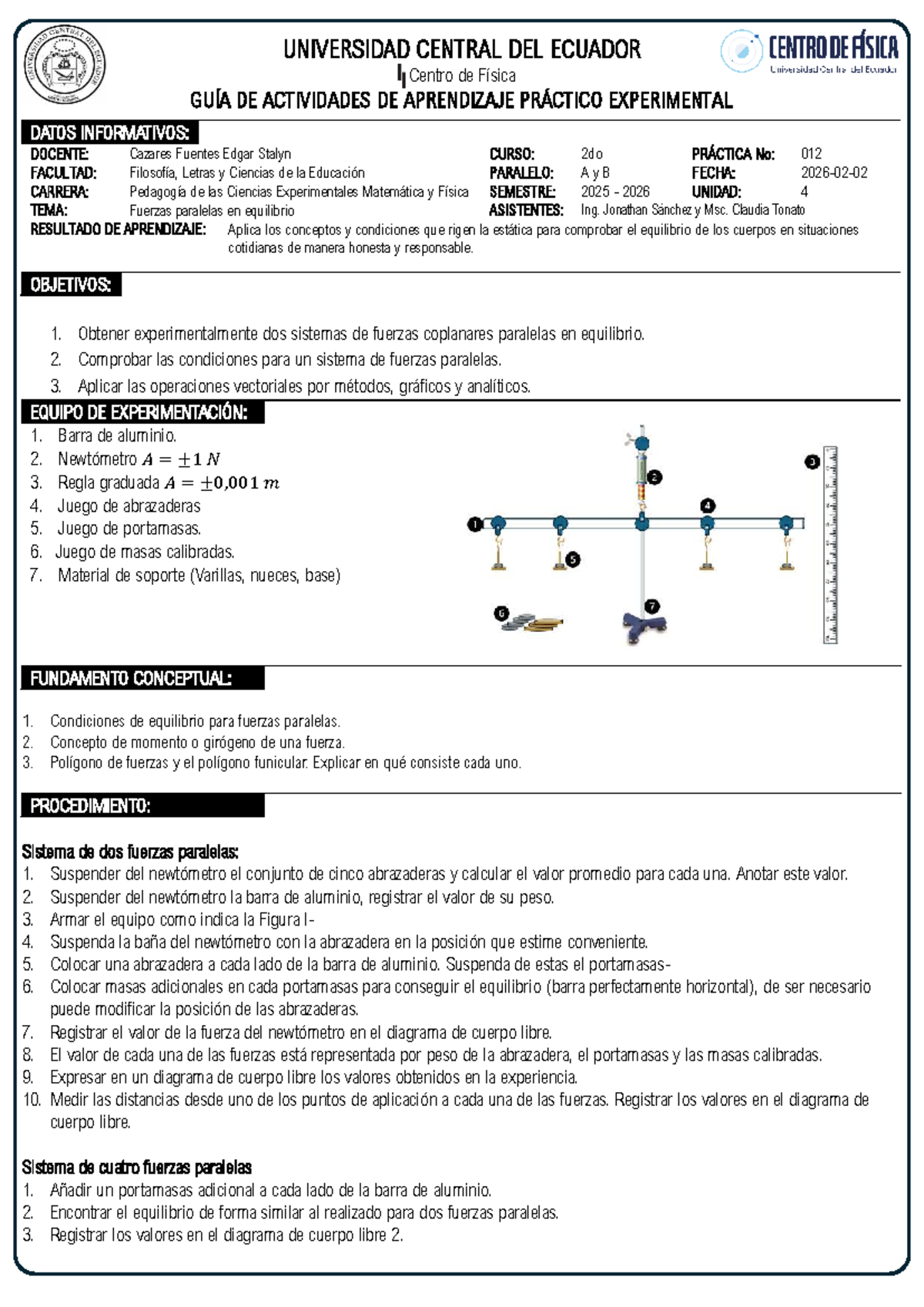 Guía de Actividades Prácticas No 13: Fuerzas Paralelas en Equilibrio ...