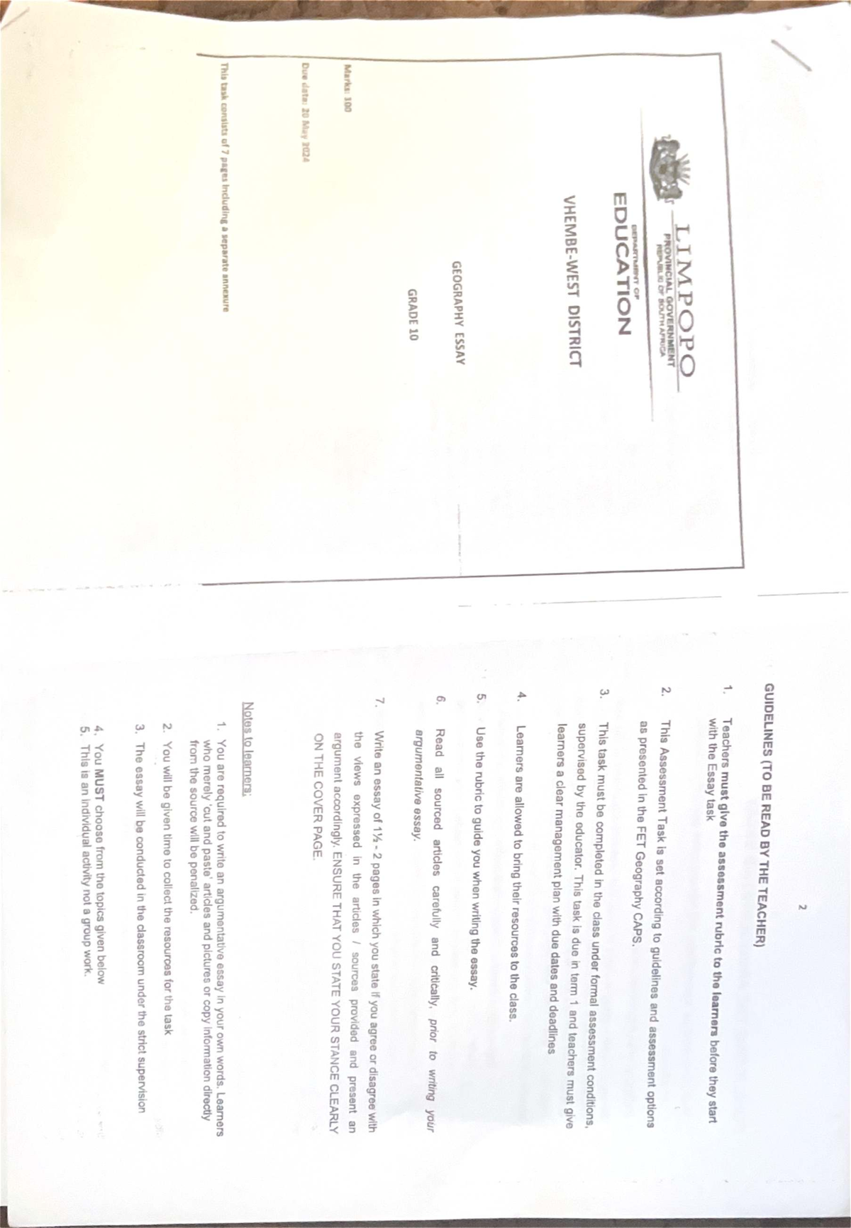 GEOGRAPHY GRADE 10 ARGUMENTATIVE ESSAY GUIDELINES & RUBRIC - Studocu
