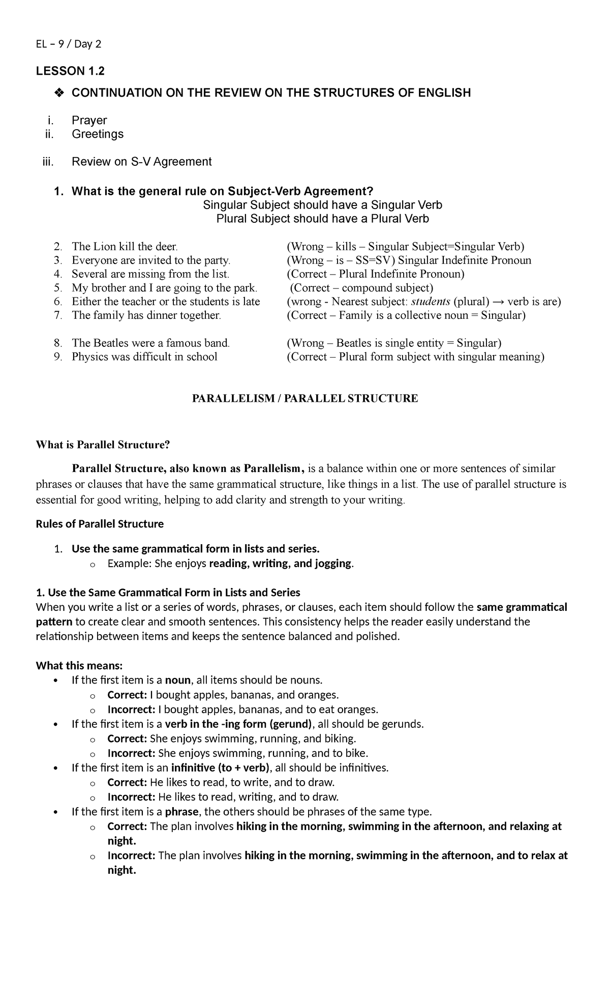EL 9 Day 2 LESSON 1.2: Subject-Verb Agreement & Parallel Structure - Studocu