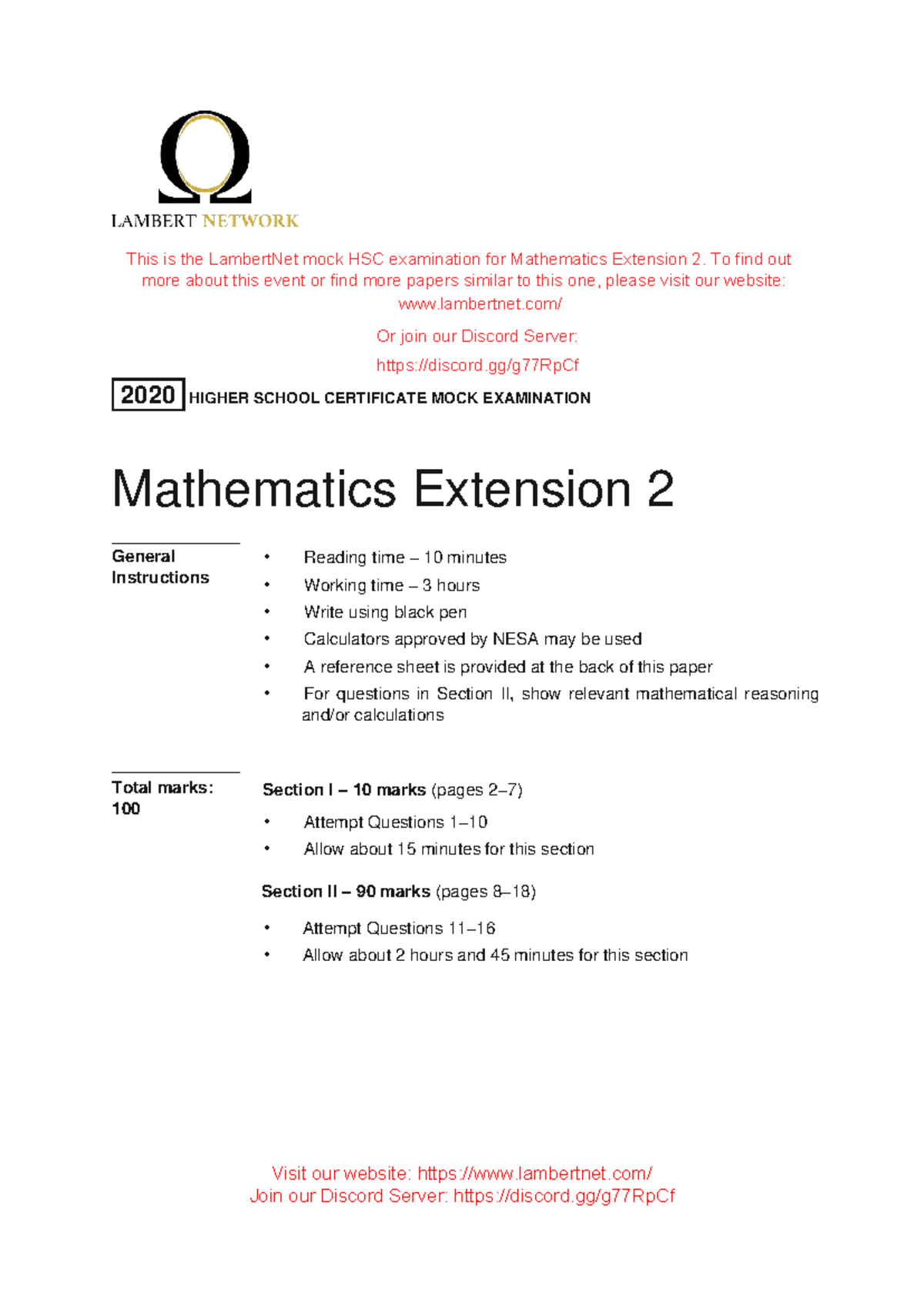 2020 HSC Mock Exam - Mathematics Extension 2 (LambertNet) - Studocu