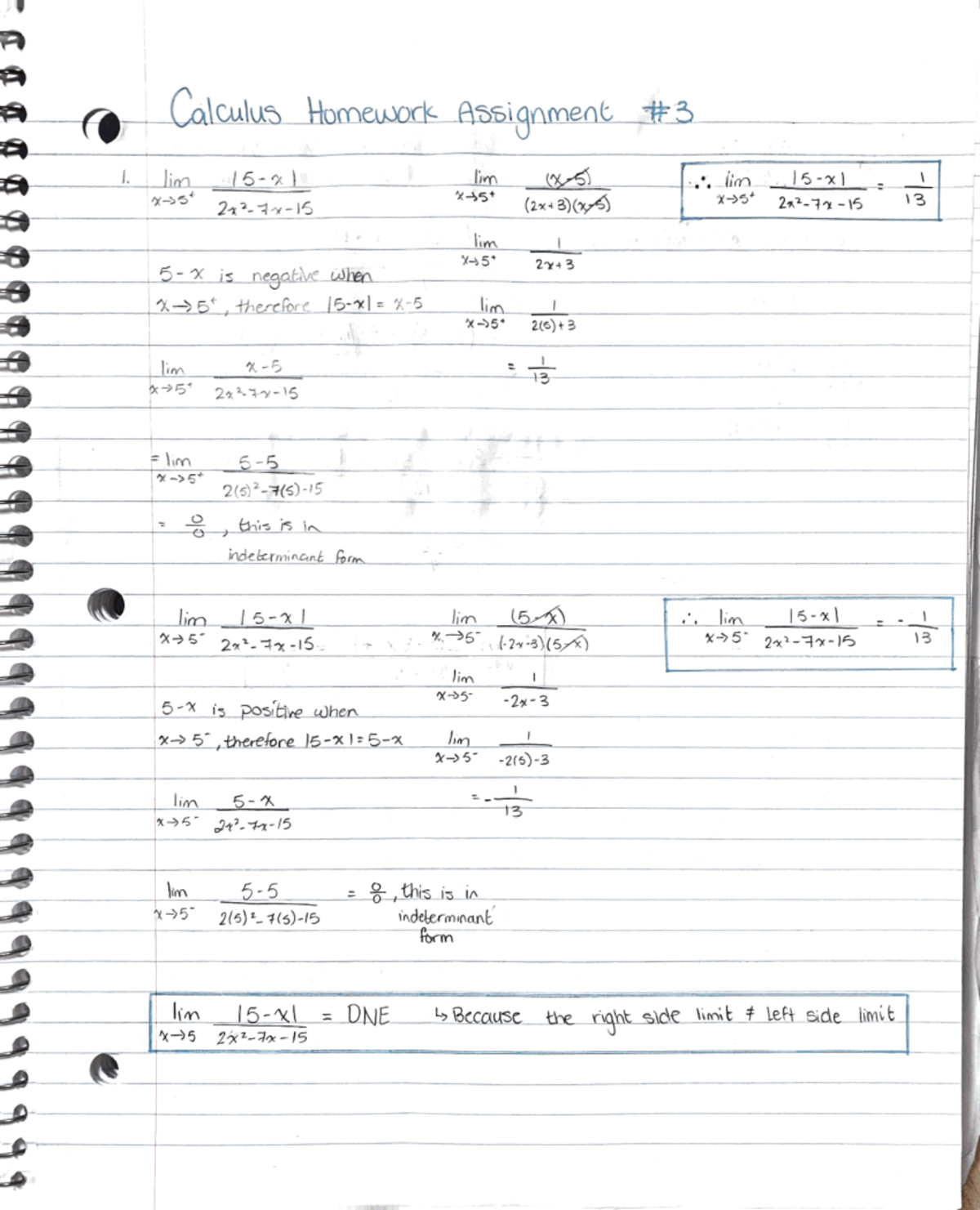 Calculus Homework Assignment #3 - lim lim lim I 13 lim 5 x is negative ...