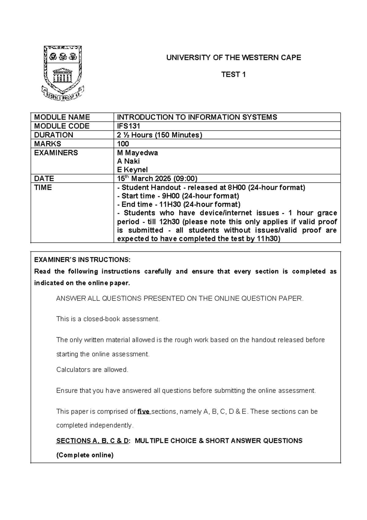 TEST 1 - Student Handout - IFS 131 15 March 2025 - UNIVERSITY OF THE ...
