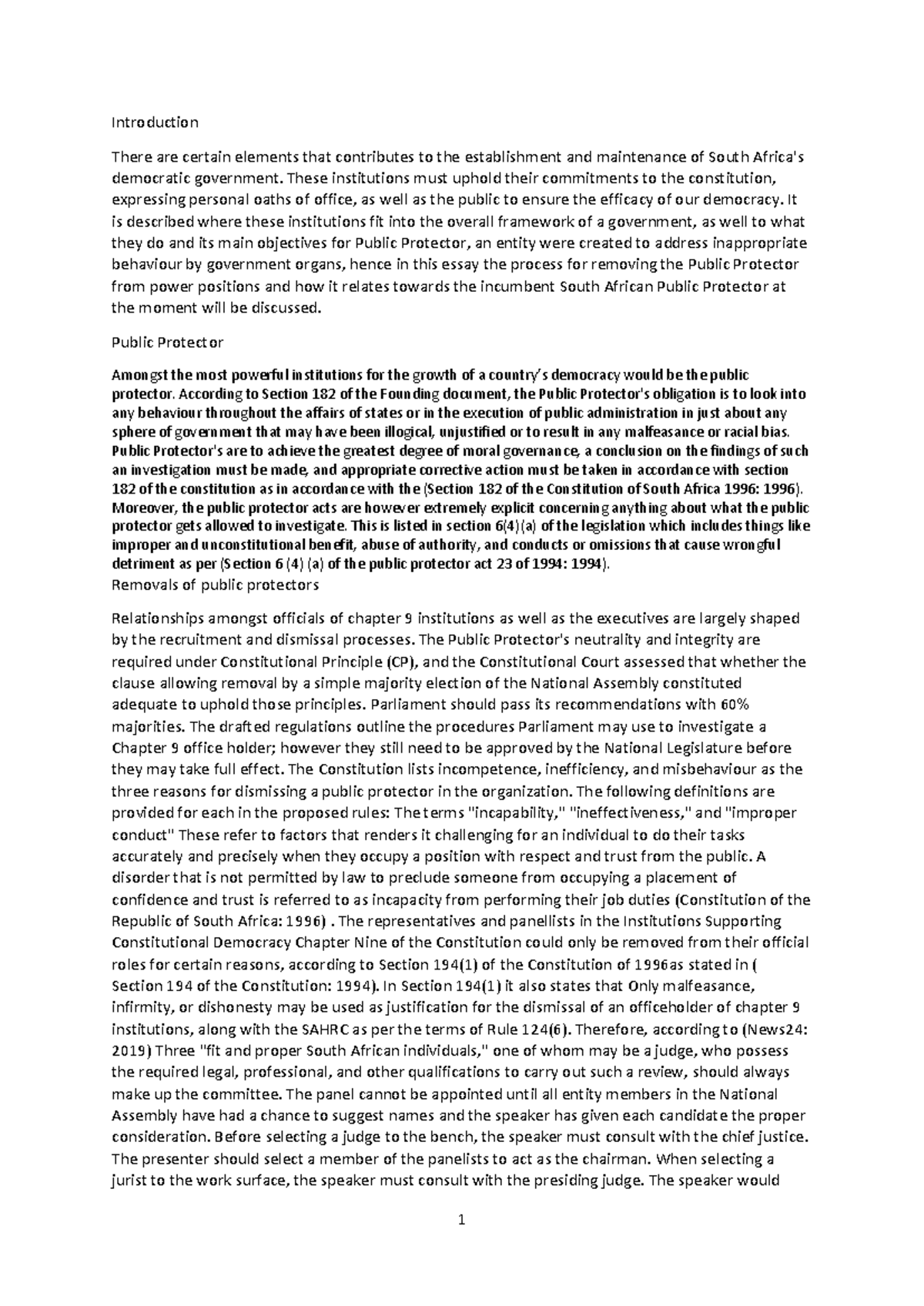 Chapter 9 Institutions: The Role and Removal Process of Public Protector - Studocu