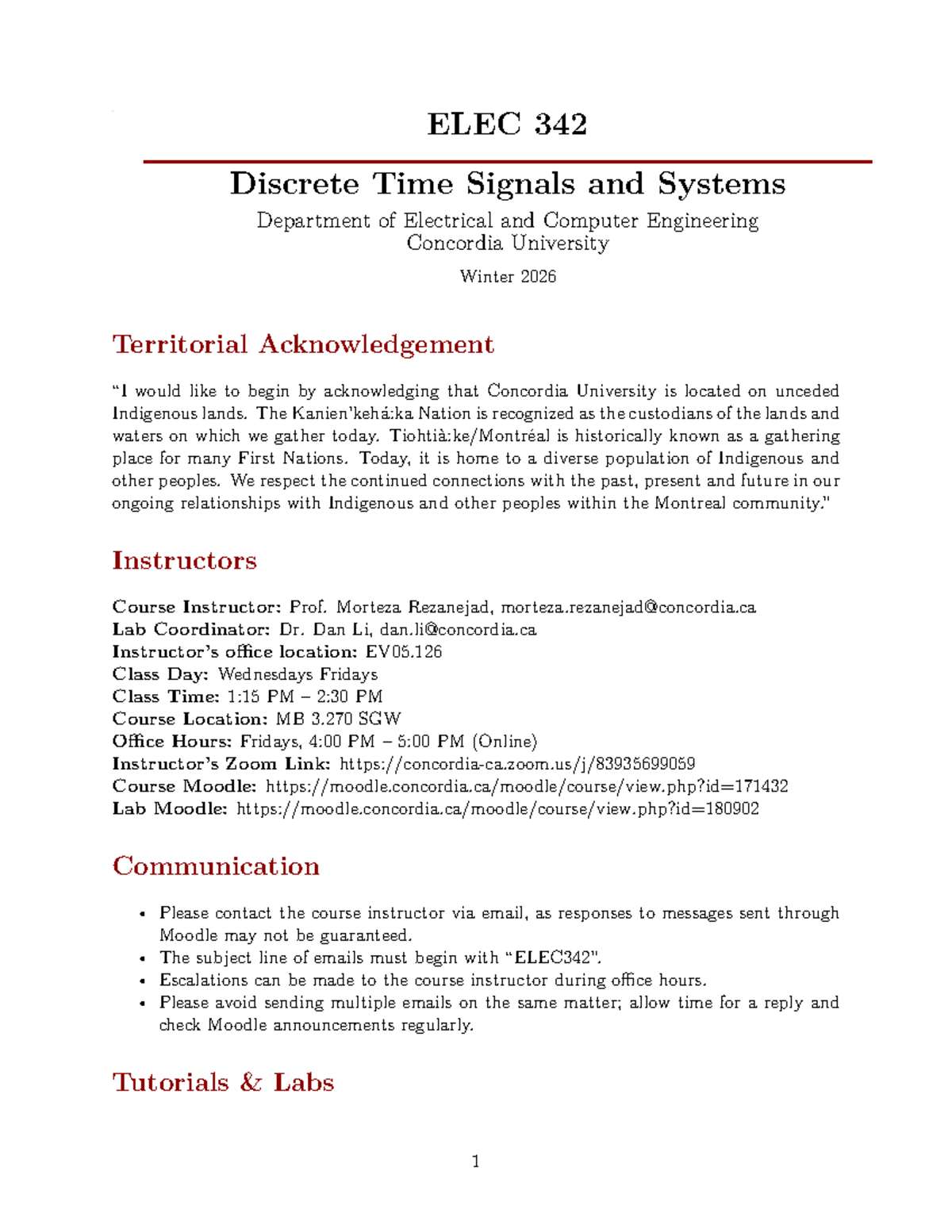 ELEC 342 Syllabus: Discrete Time Signals & Systems - Winter 2026 - Studocu