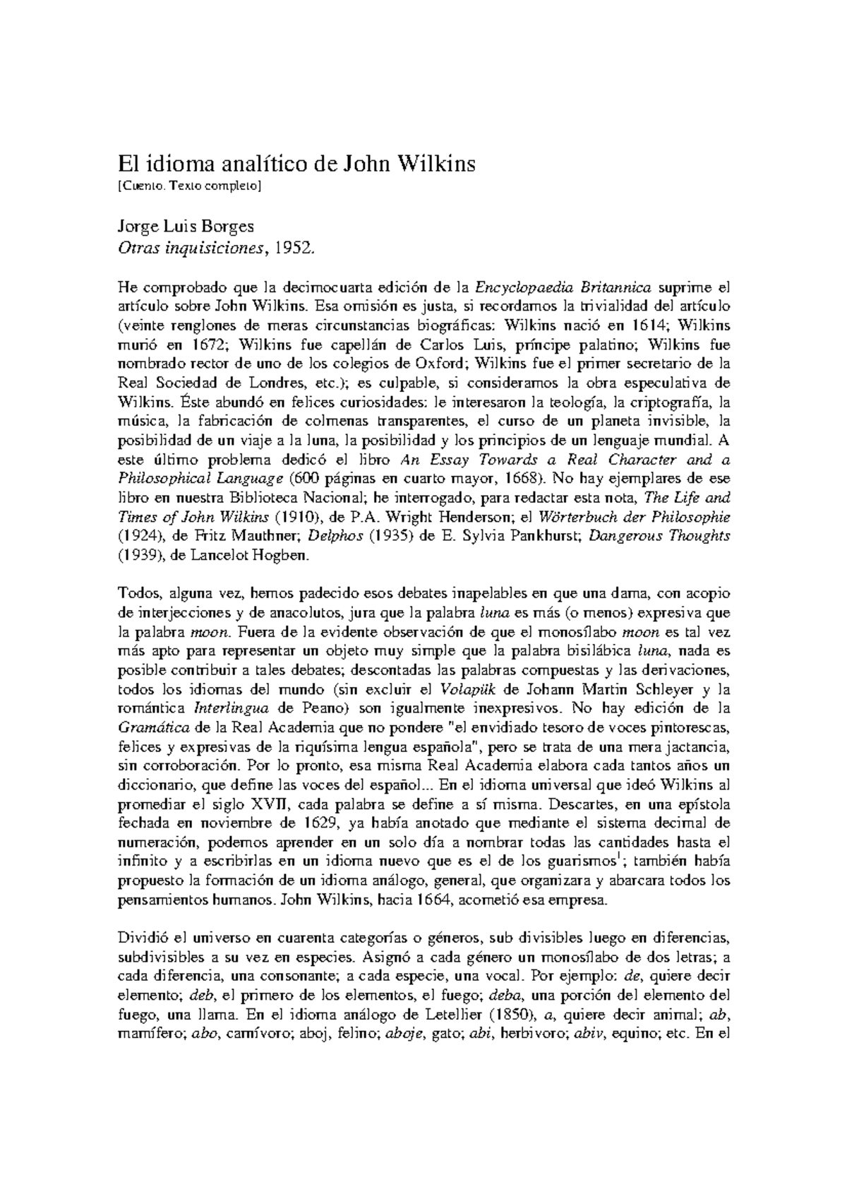 El idioma analítico de John Wilkins: Reflexiones de Borges - Studocu