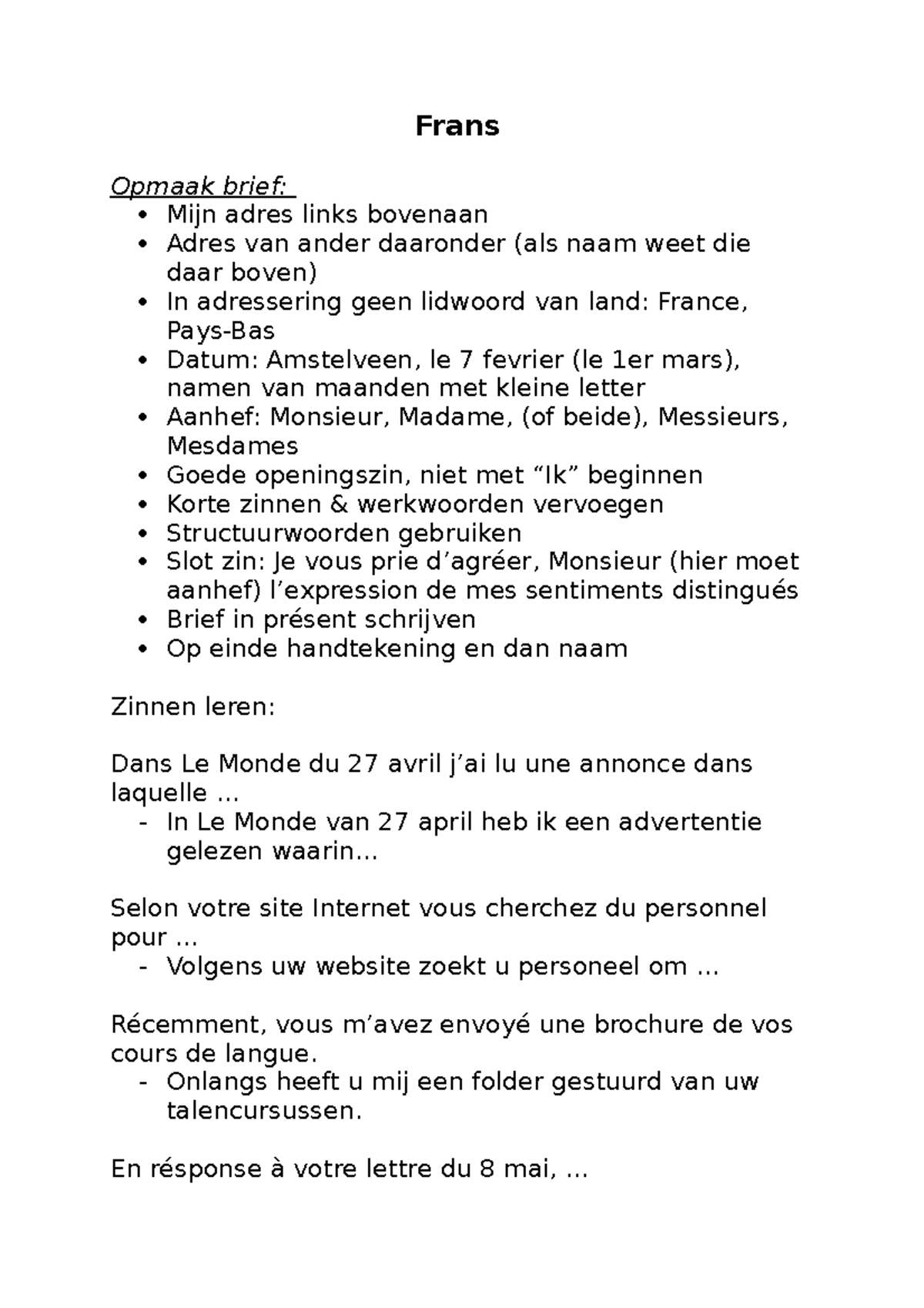 Frans zinnen voor mondelingen die je kunt oefenen - Frans Opmaak brief ...