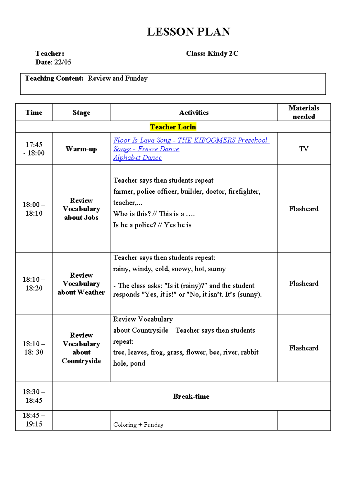 LP Kindy 2C: Engaging Lesson Plan for Vocabulary Review - Studocu