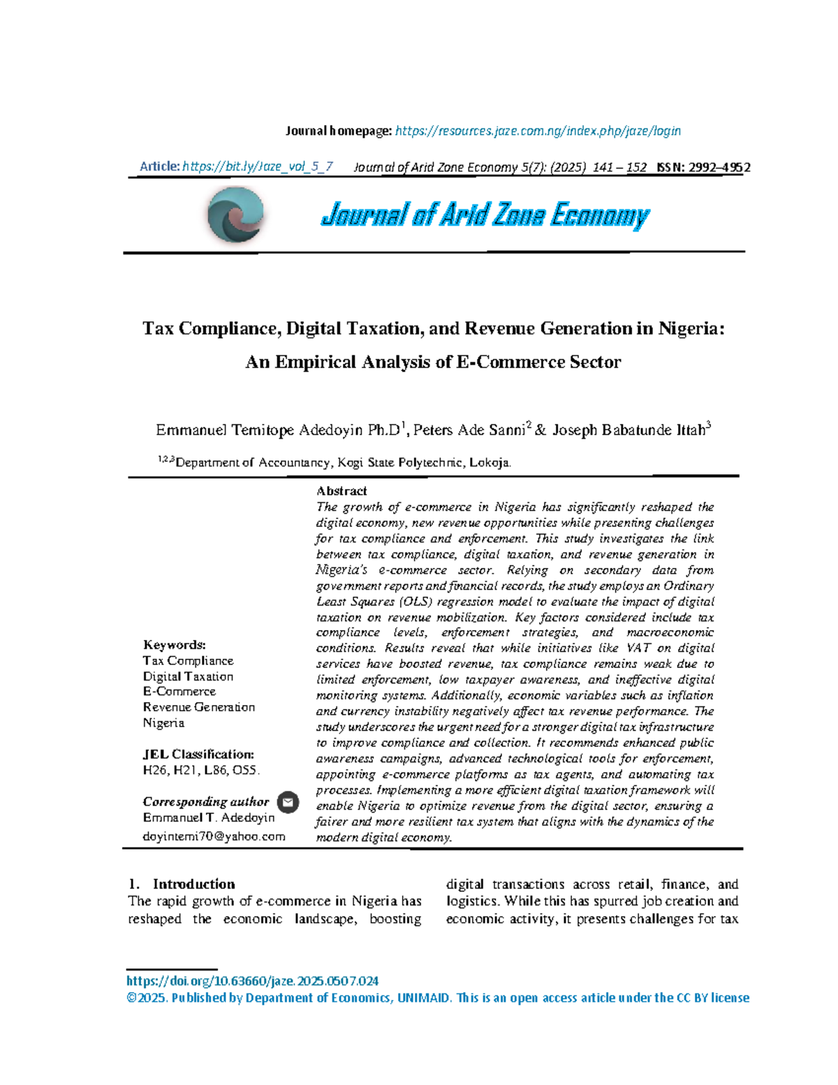 JAZE 2025: Tax Compliance & Digital Taxation in Nigeria - An Empirical ...