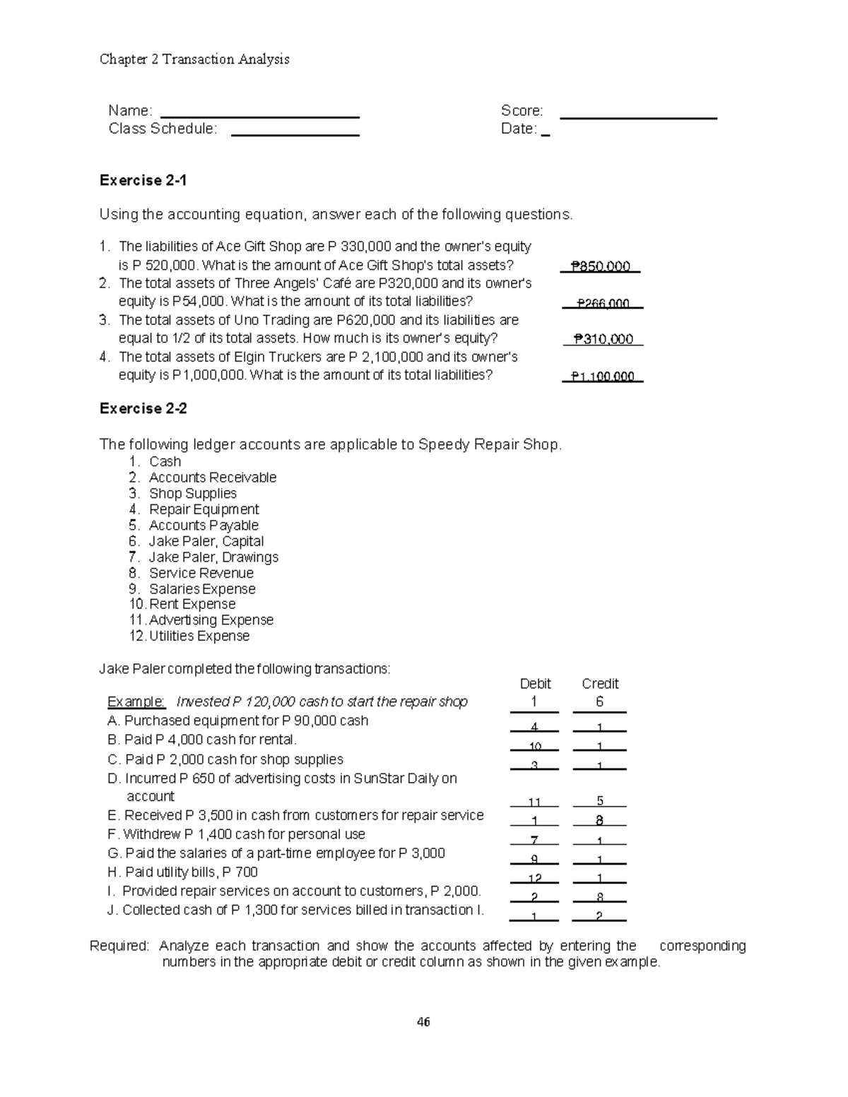 Chapter 2 Exercises & Problems: Transaction Analysis (ACCT 101) - Studocu