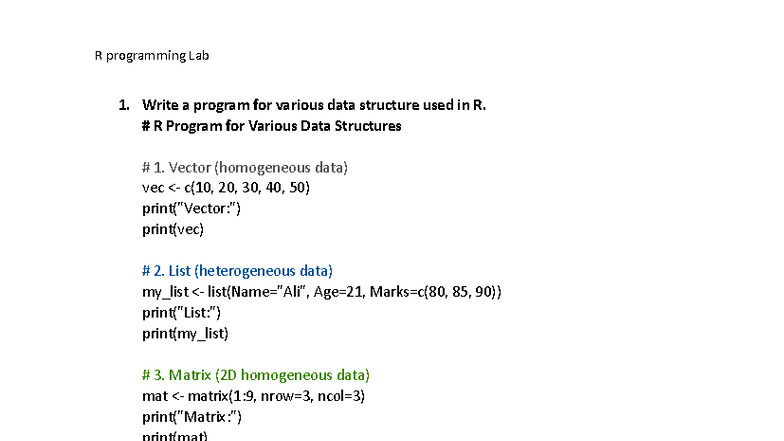 R Programming Lab 1: Exploring Data Structures and Types - Studocu