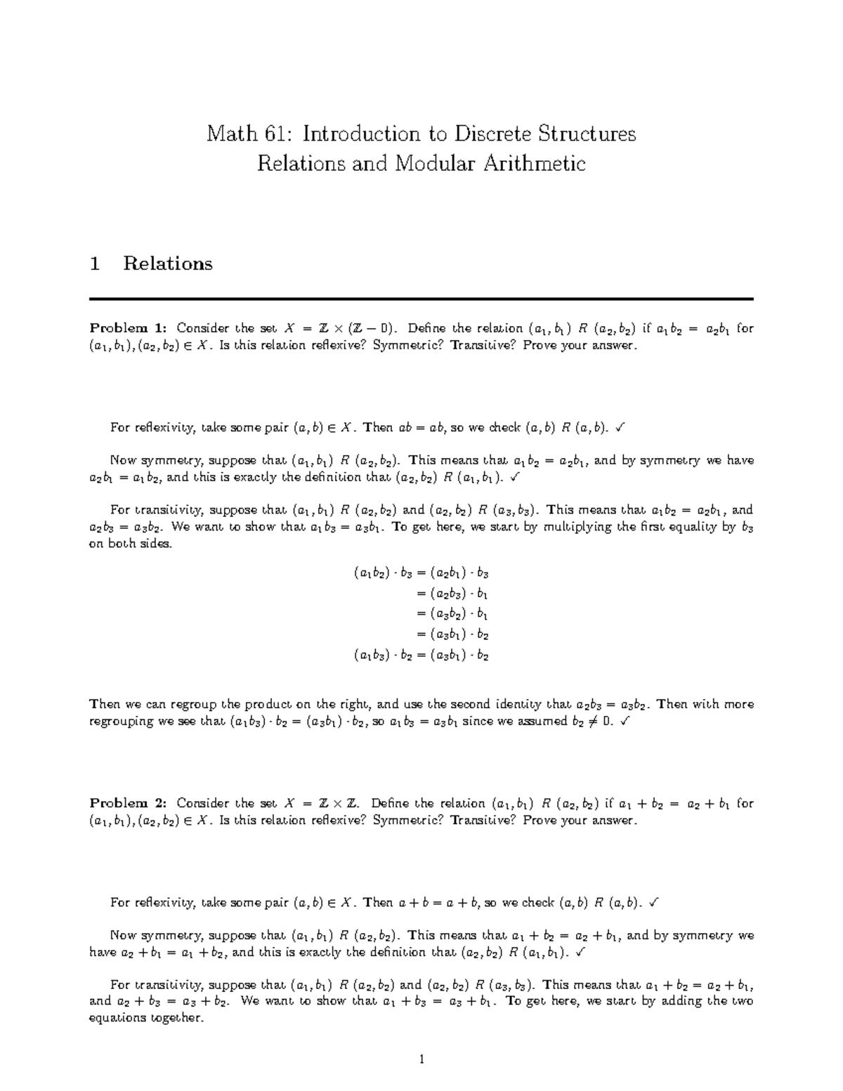 Math 61: Discrete Structures - Relations & Modular Arithmetic Notes ...