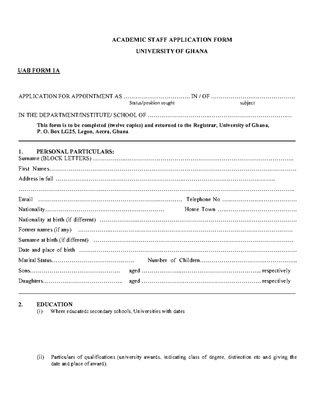 UAB FORM 1A - Application for Academic Staff Appointment at UOG - Studocu