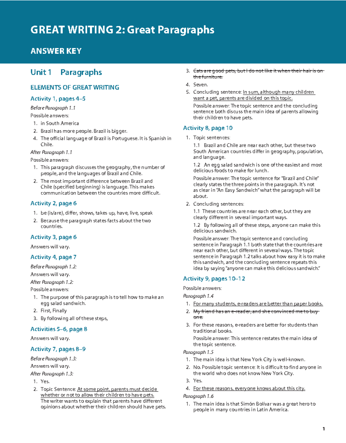 GREAT WRITING 2: Great Paragraphs Unit 1 Answer Key and Activities ...