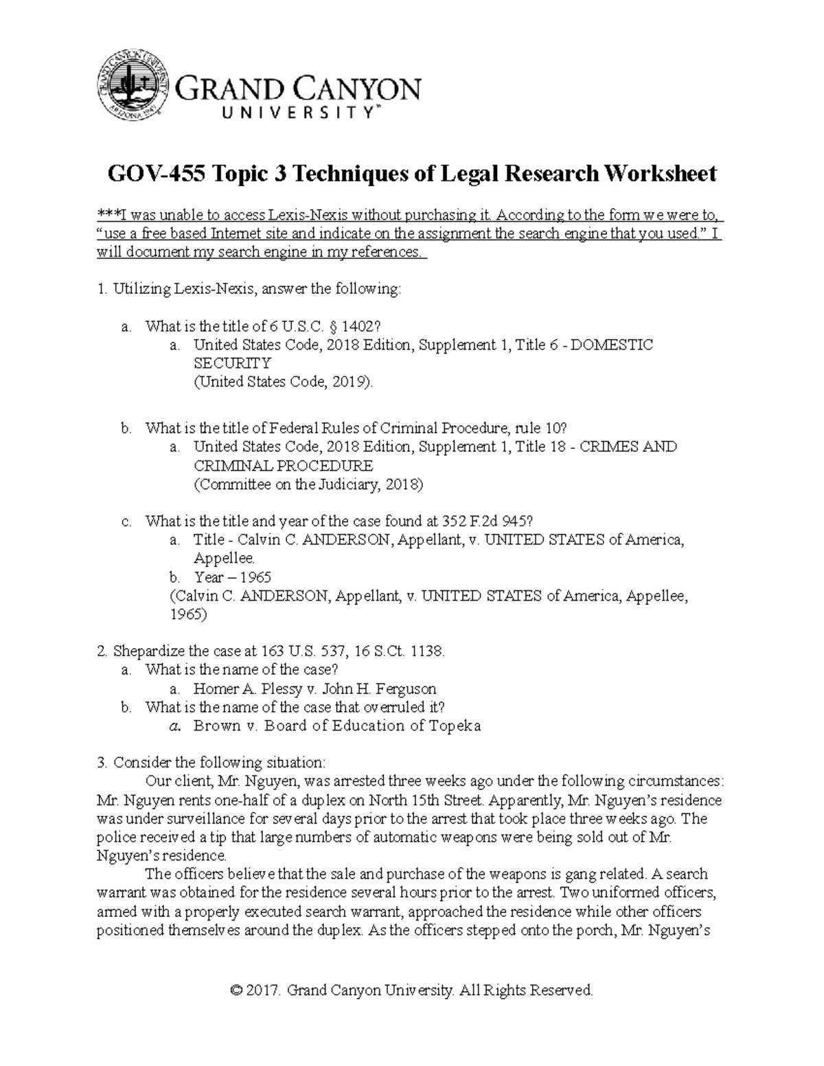 GOV-455 Techniques of Legal Research: Worksheet on Case Studies and ...