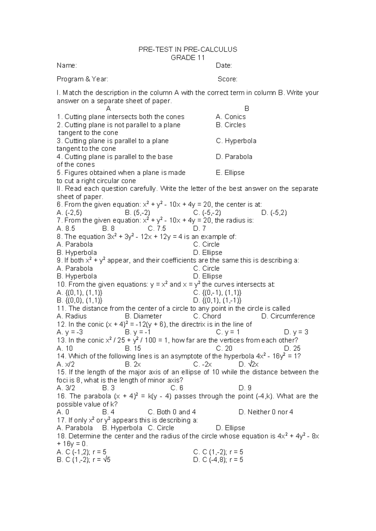 Pre-Test in Pre-Calculus - Grade 11 (MAT 101) - Studocu