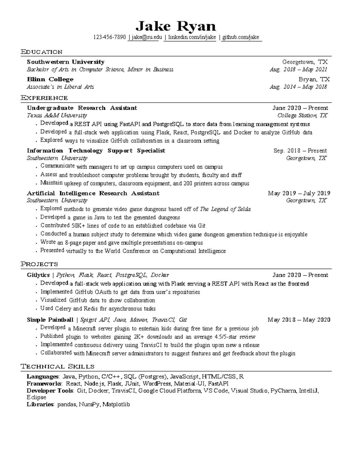 Jake Ryan's Resume - BA in CS & Minor in Business - Studocu