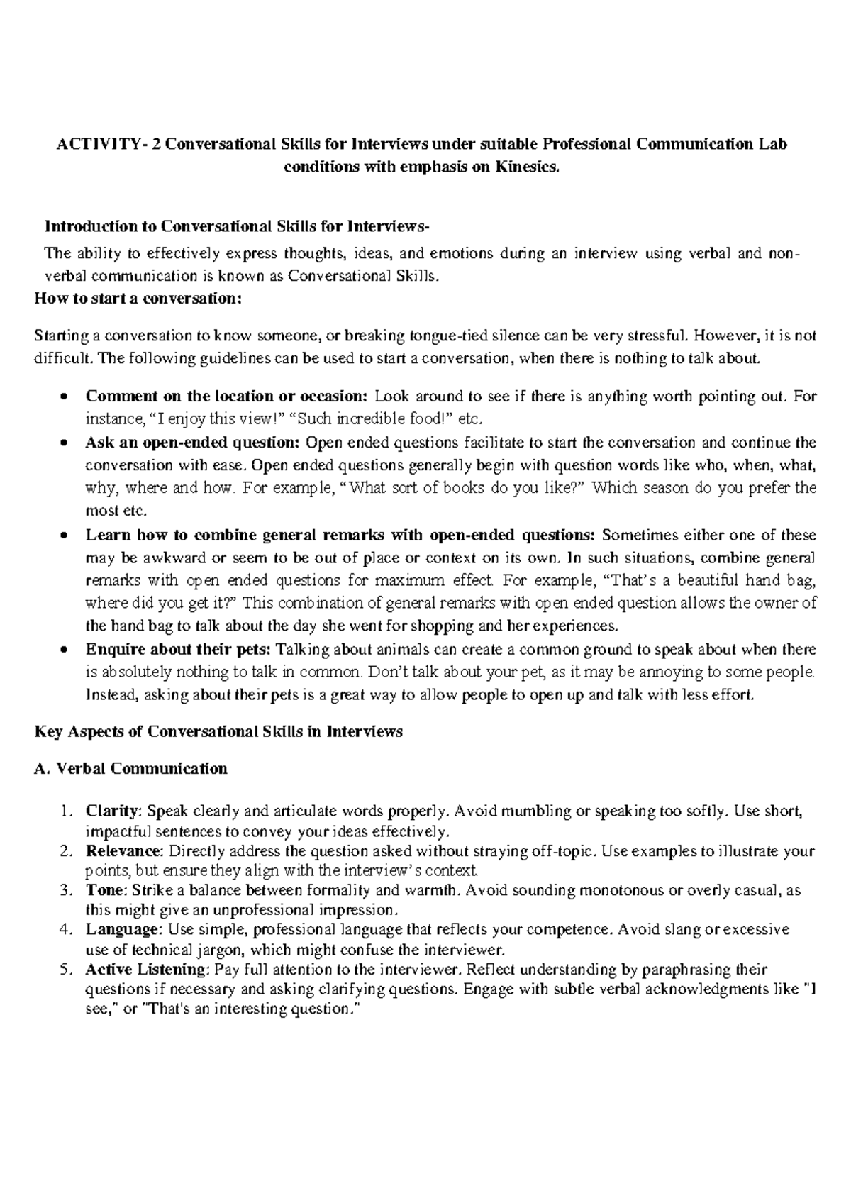 Activity-2 Notes: Conversational Skills for Interviews in English Lab ...