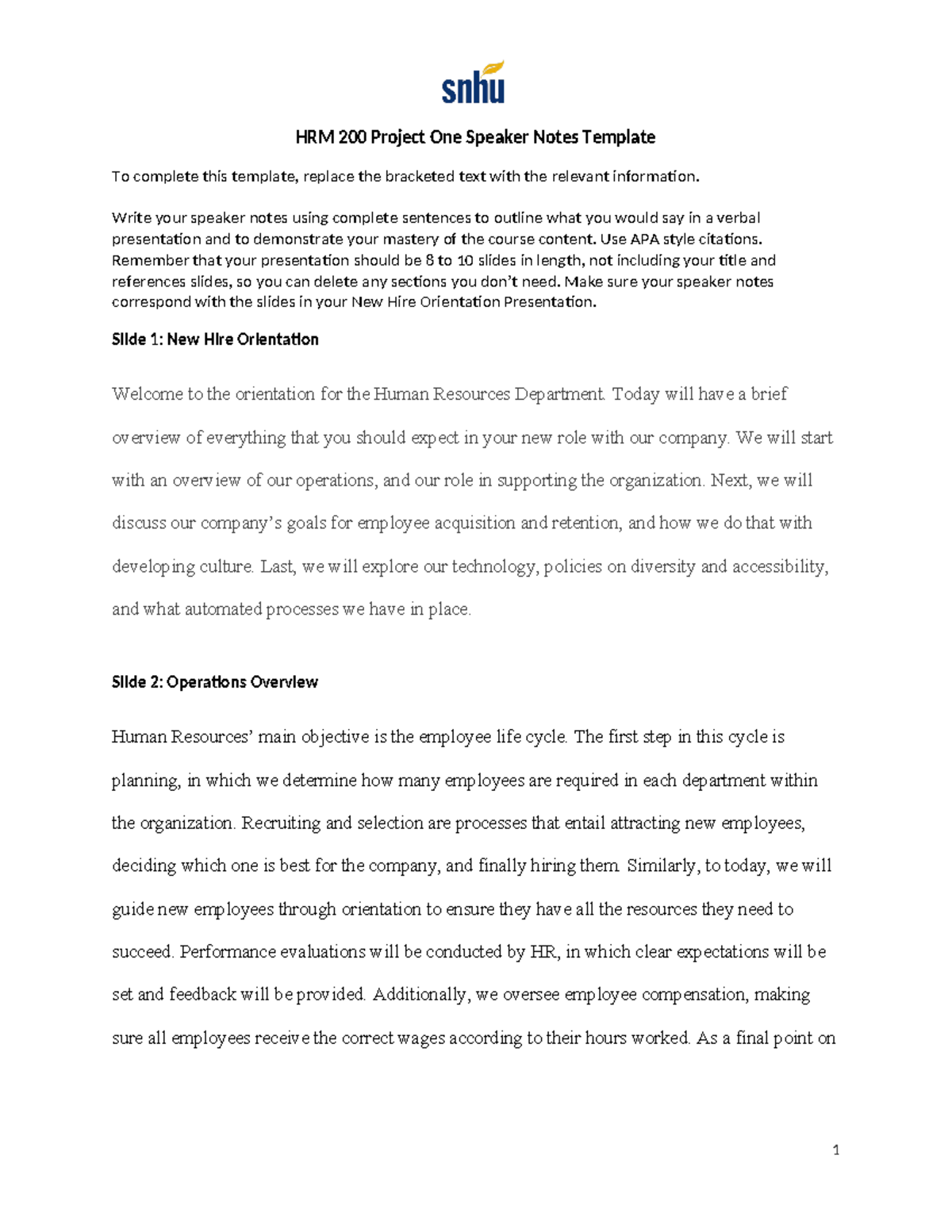 HRM 200 Project One: New Hire Orientation Speaker Notes Template - Studocu