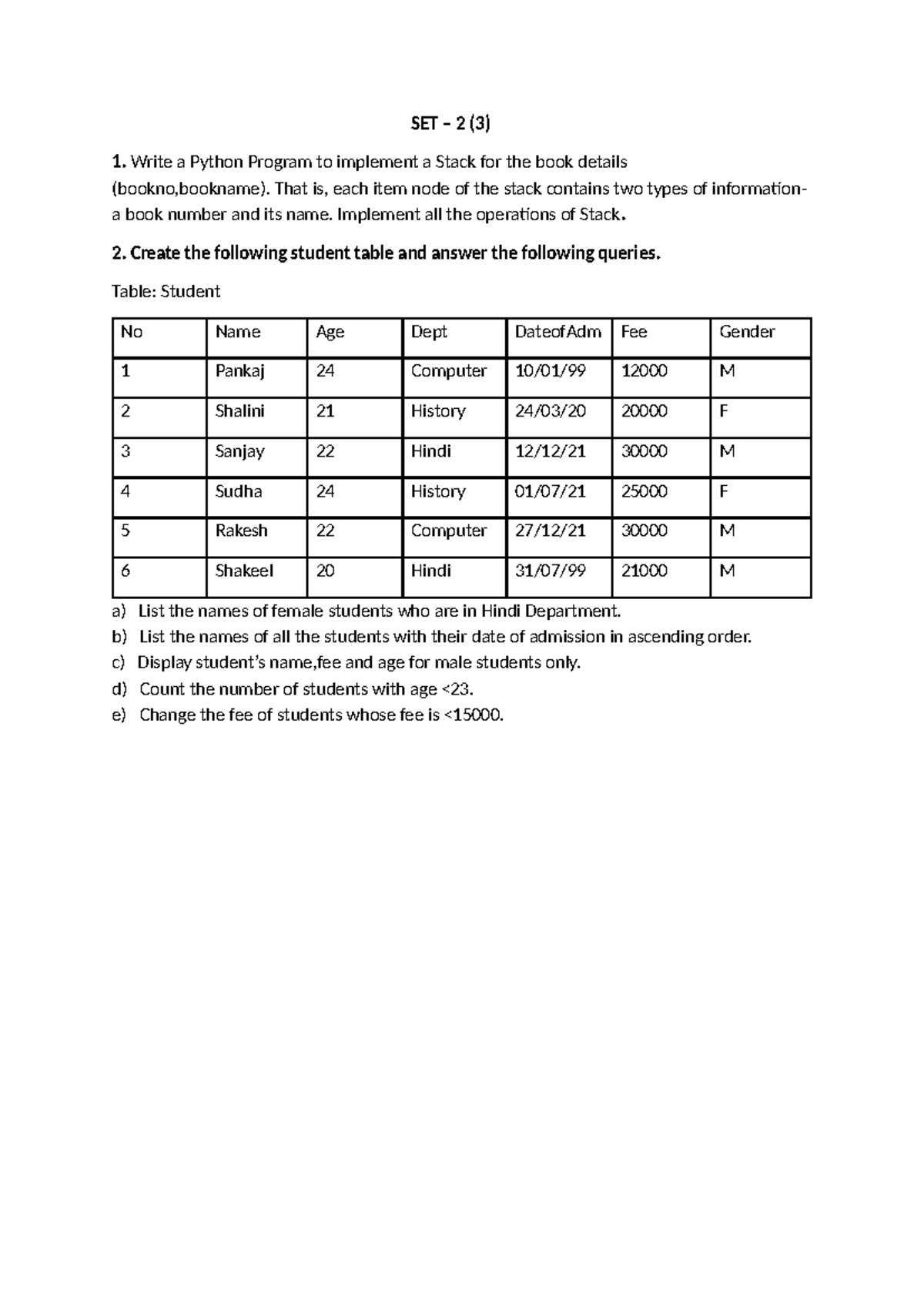 SET 2: Python Stack Implementation & Student Table Queries - Studocu