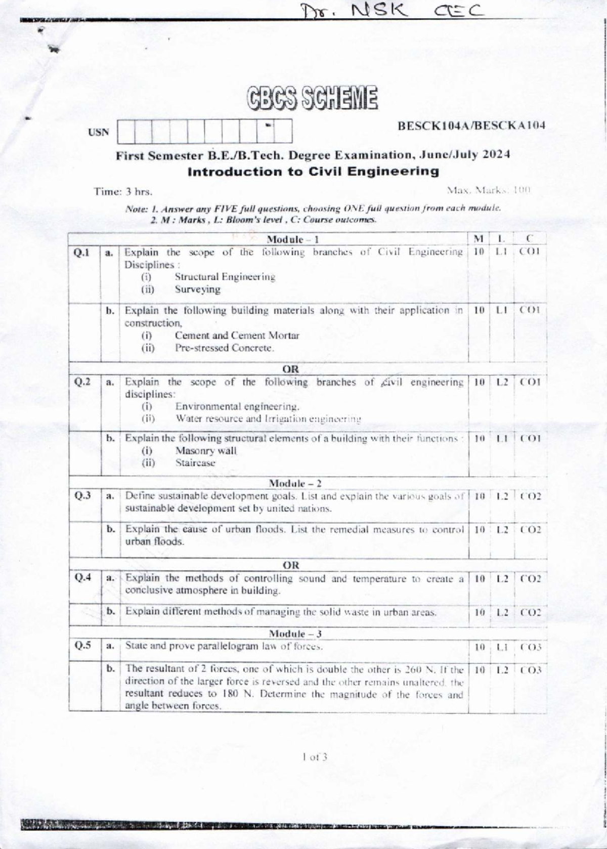 Introduction to Civil Engineering (CE101) - First Semester Exam 2024 ...