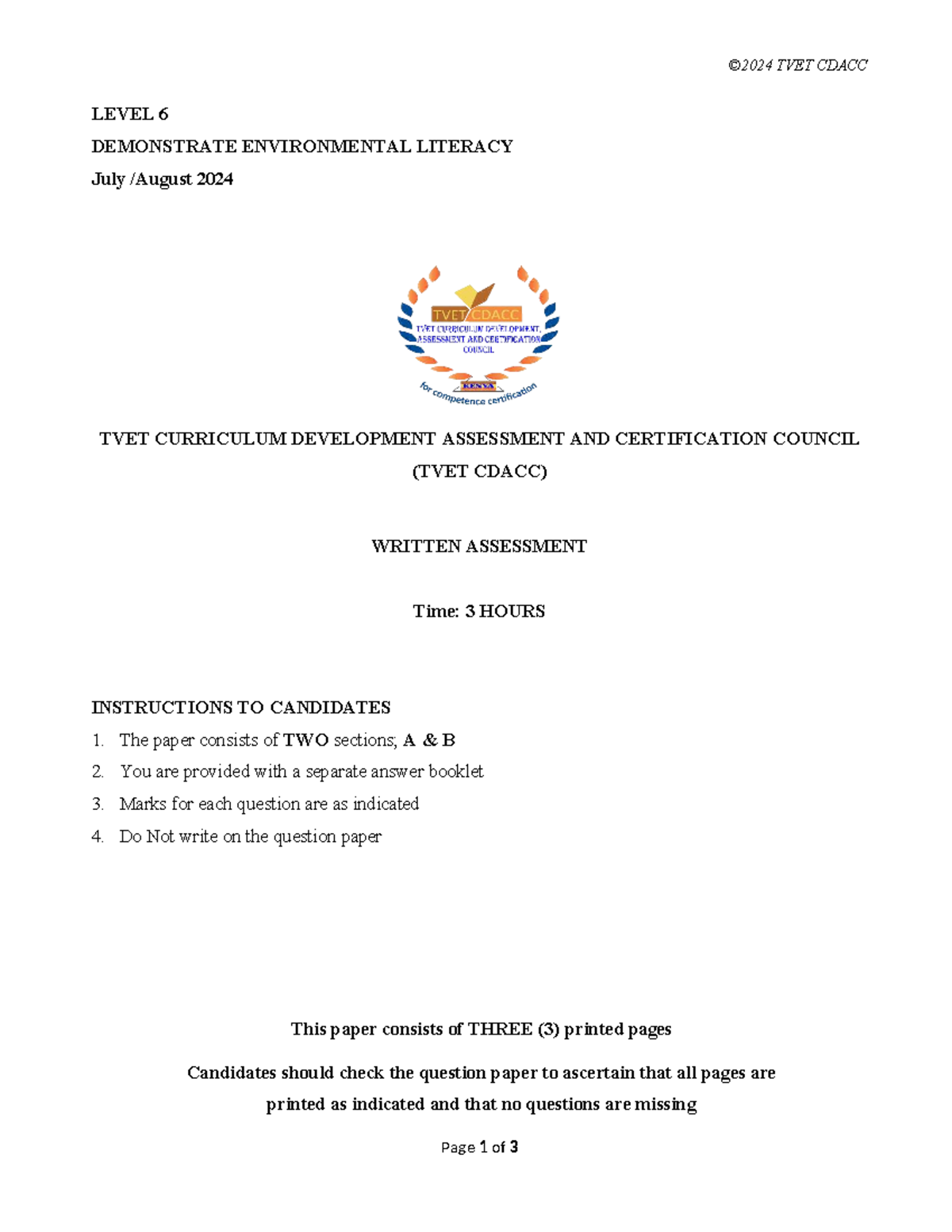 TVET CDACC LEVEL 6 ENVIRONMENTAL LITERACY ASSESSMENT July 2024 - Studocu
