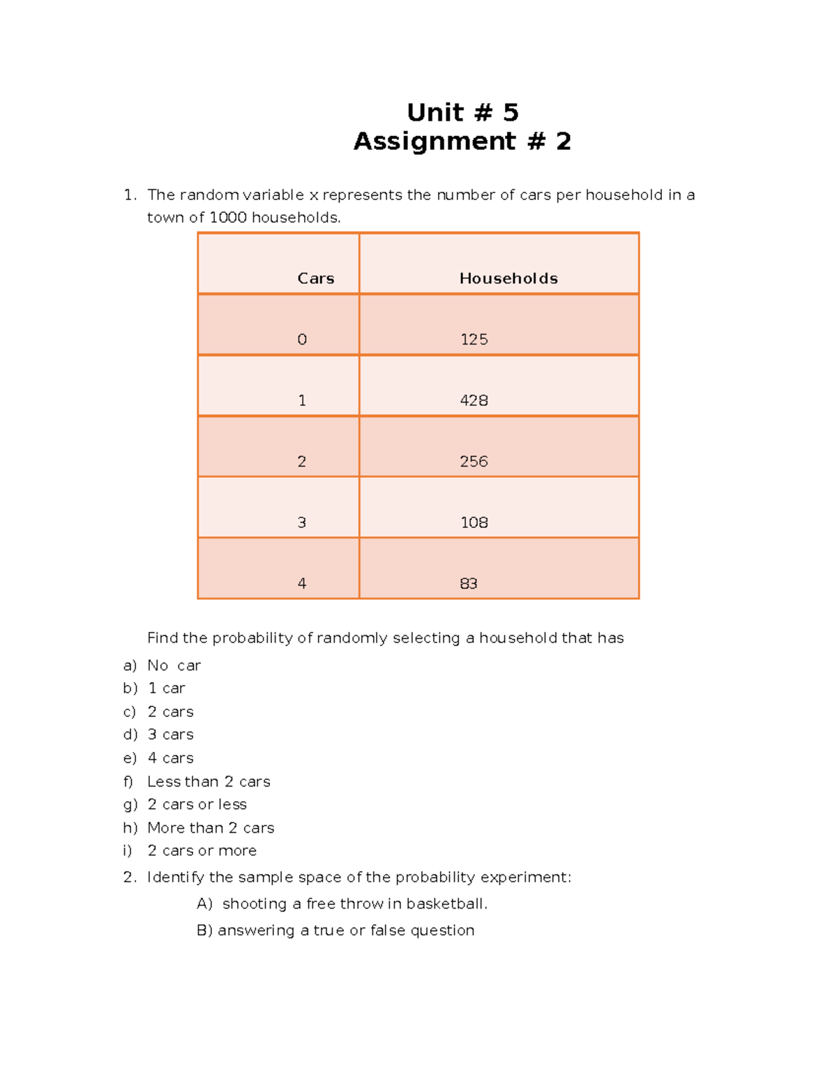 Assignment 2 - Probabilities Practice (Unit 5) - Studocu