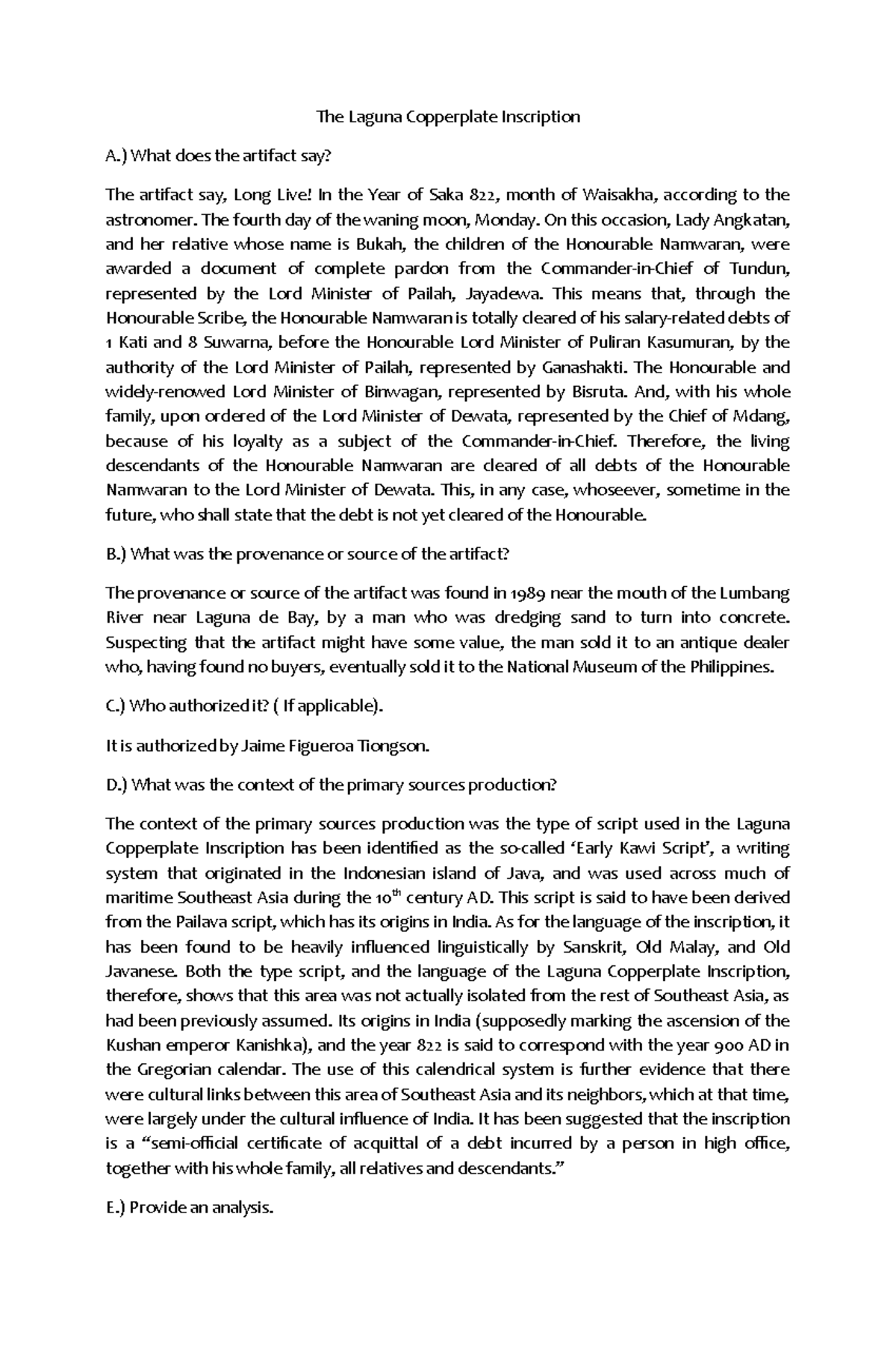 The Laguna Copperplate Inscription - History - Studocu