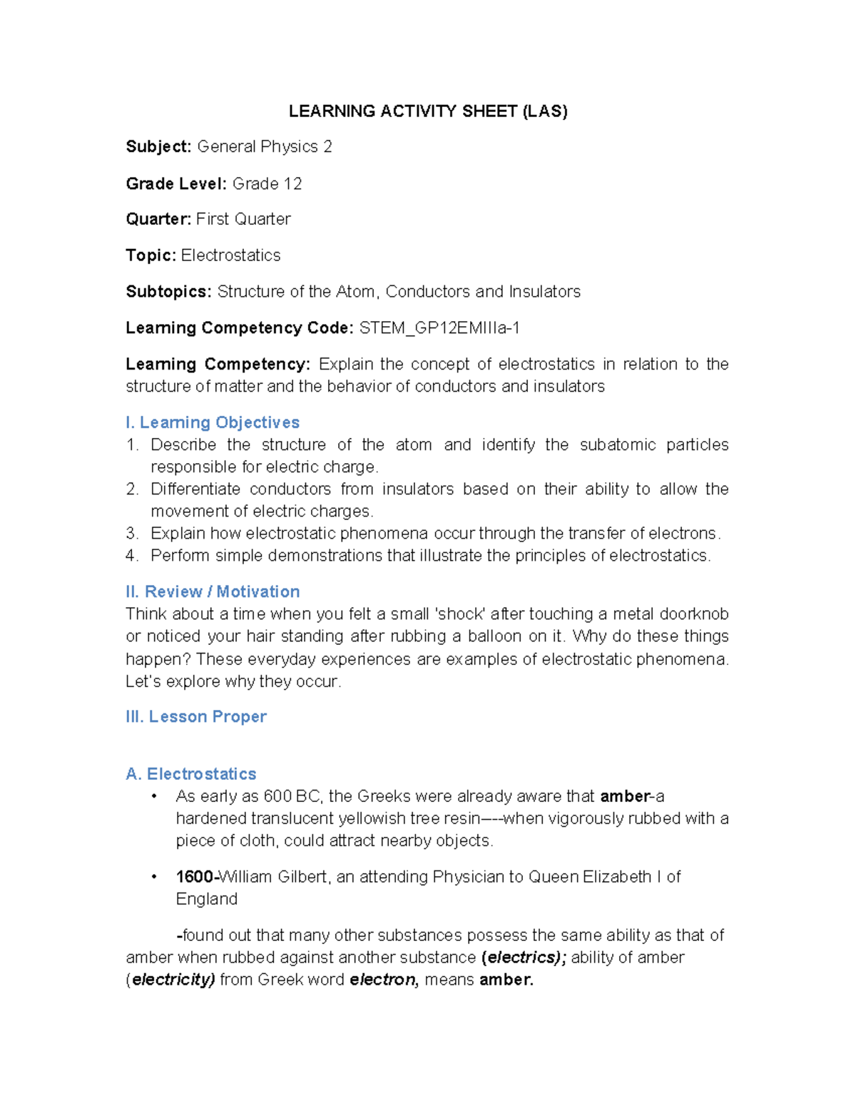 Dep Ed LAS: Electrostatics in General Physics 2 (Grade 12) - Studocu
