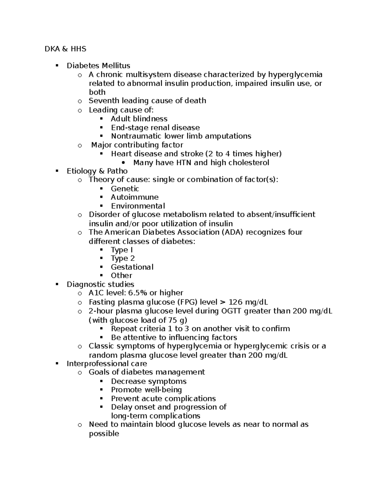 Management of DKA & HHS in Diabetes Patients: Nursing Insights - Studocu
