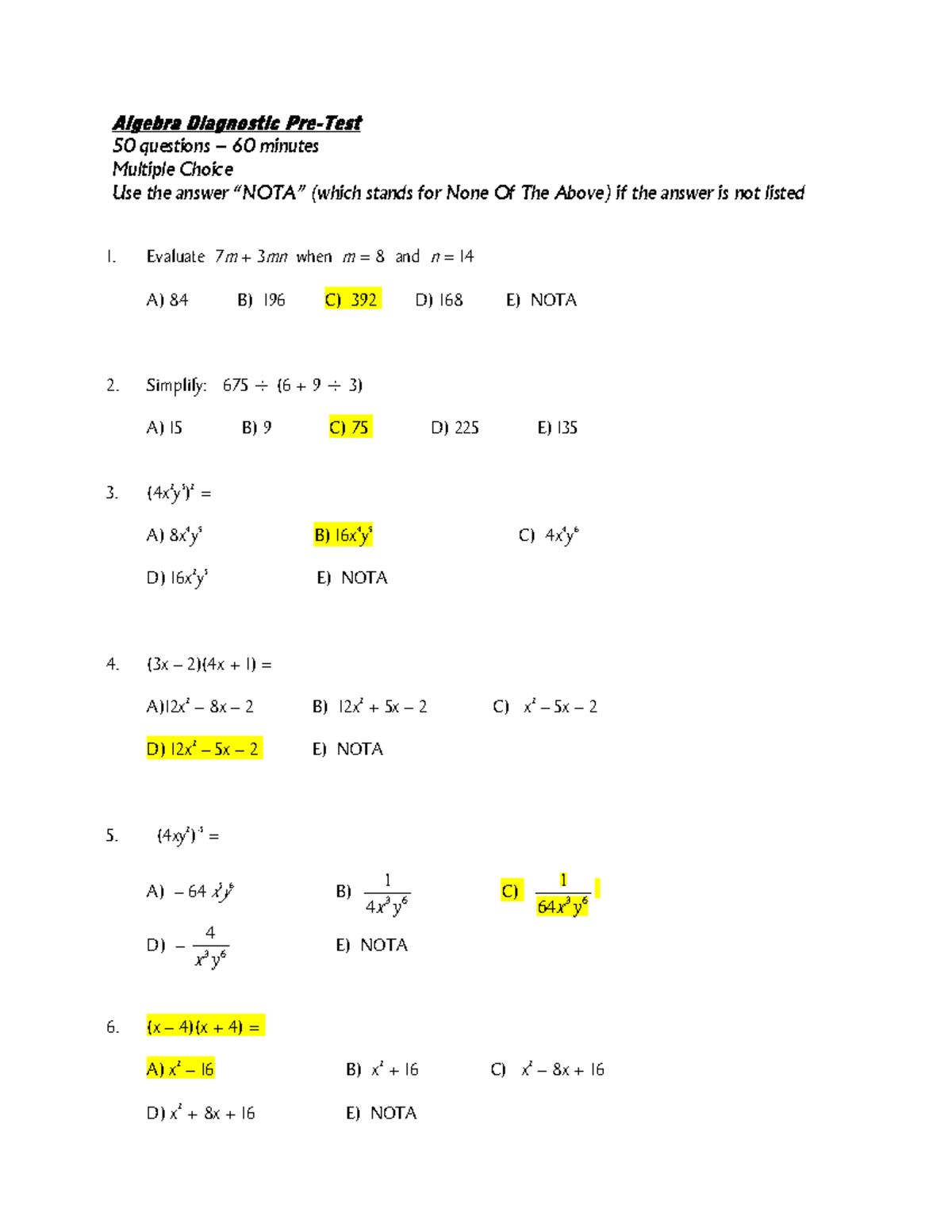 Algebra Practice Test 1: 50 Questions, 60 Minutes, Multiple Choice ...