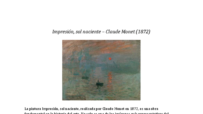 Impresión, sol naciente: Análisis de Claude Monet (1872) - Studocu