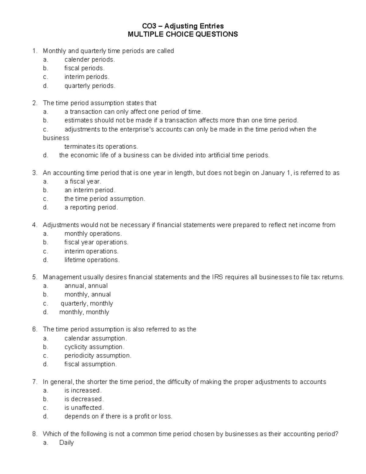 C03 - Adjusting Entries: Multiple Choice Questions - Studocu