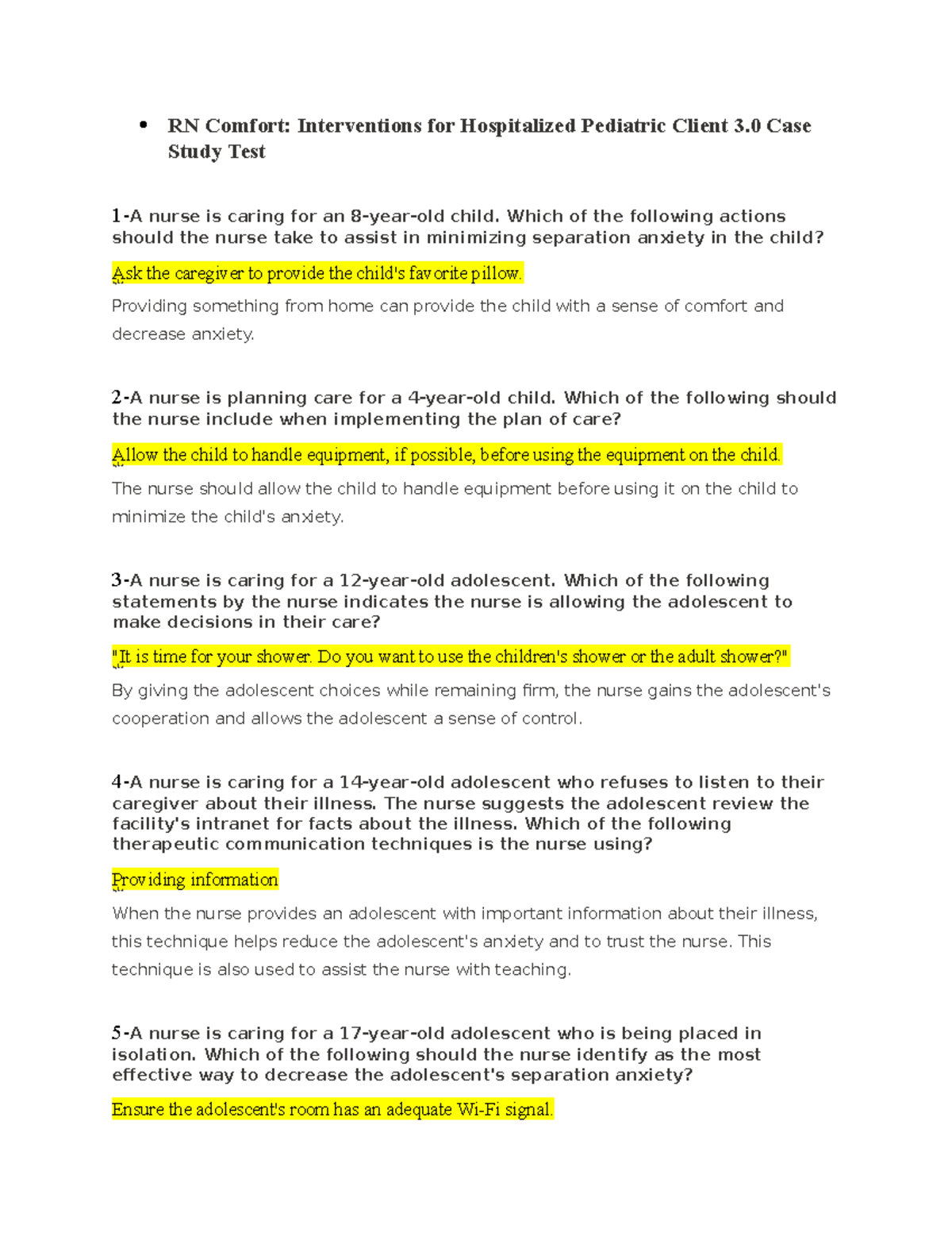 Video Case Study RN Comfort: Pediatric Anxiety Interventions - Studocu