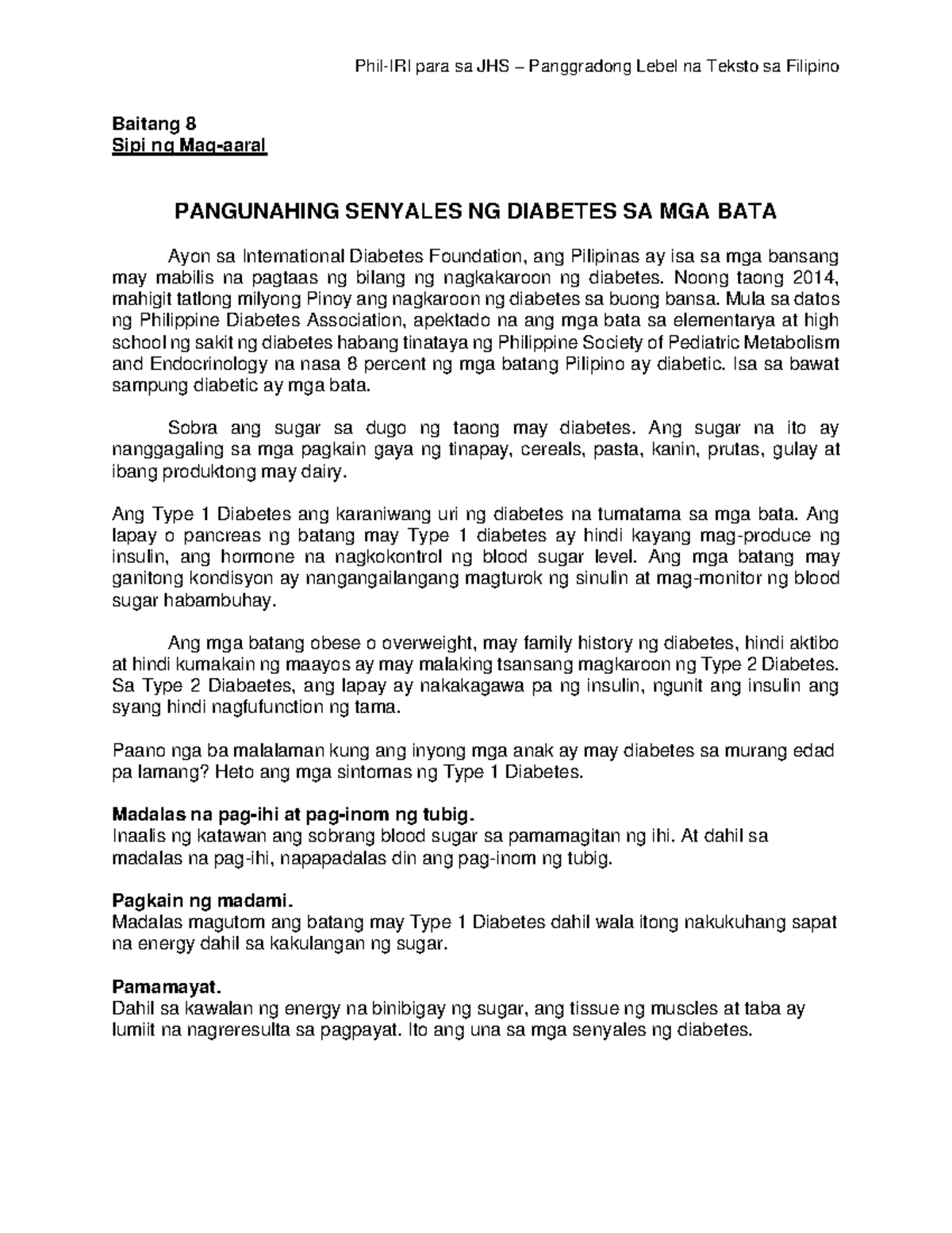 PANGUNAHING SENYALES NG DIABETES SA MGA BATA: Filipino 8 JHS Teksto ...