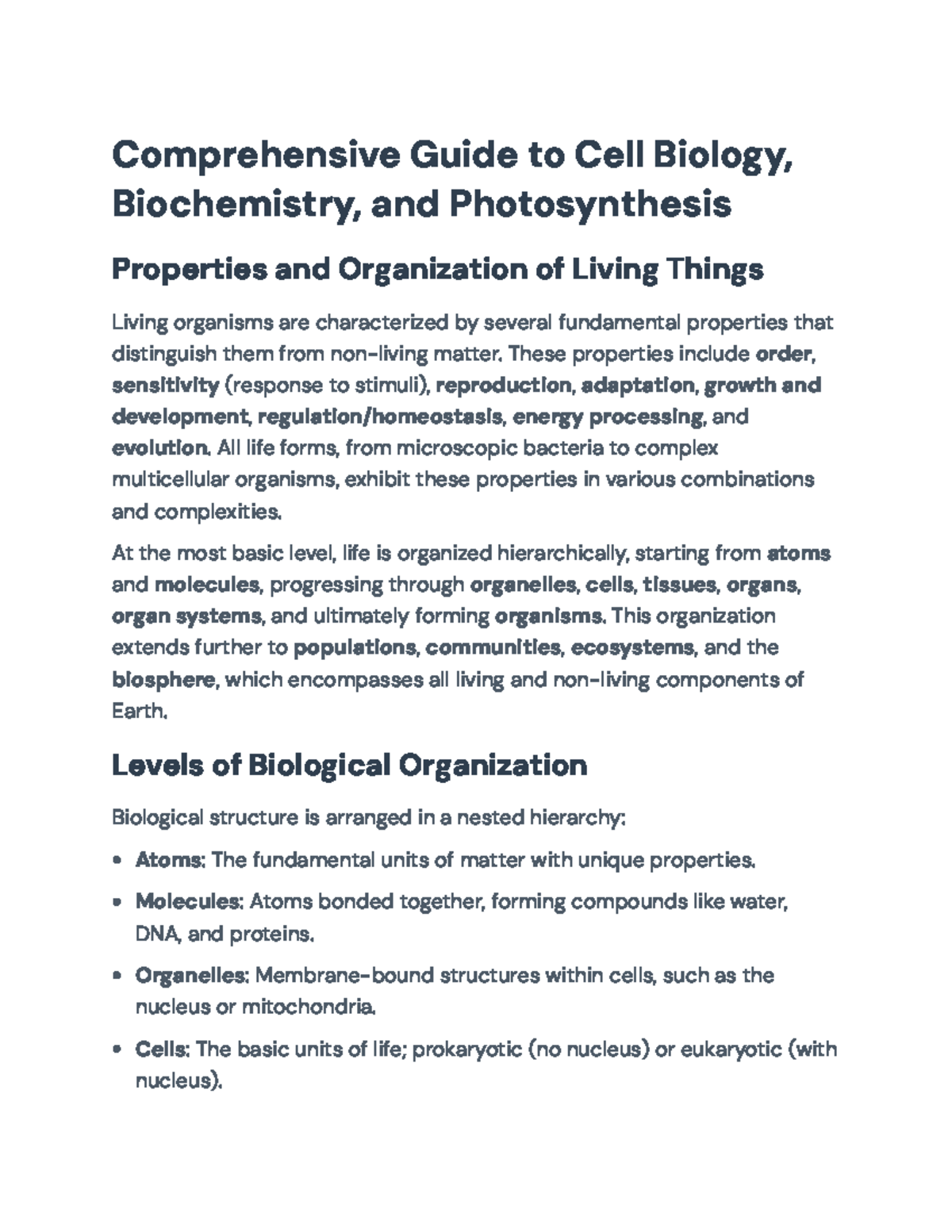 Comprehensive Overview of Life: Cell Bio, Biochem & Photosynthesis ...