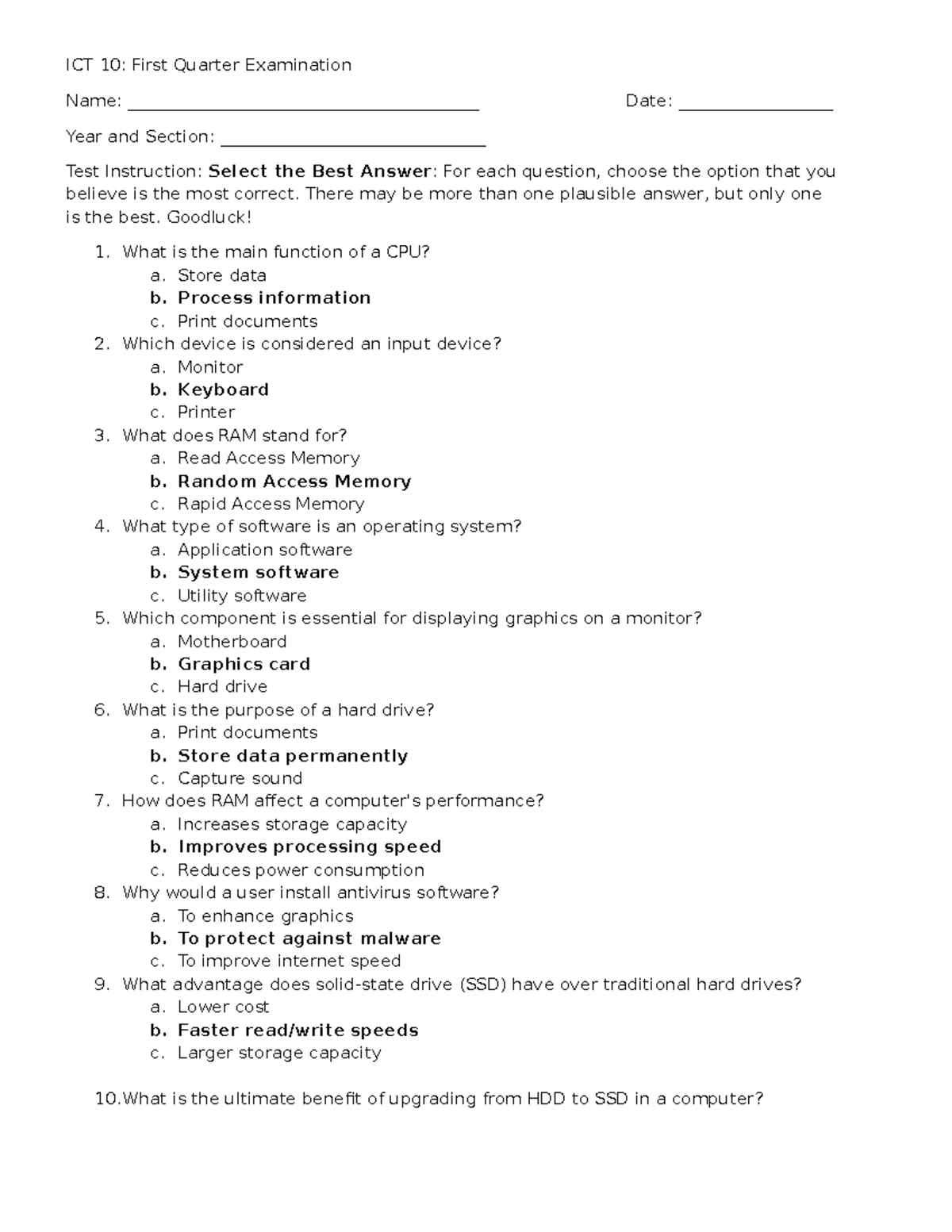 First Quarter ICT 10 - With Answer - ICT 10: First Quarter Examination ...