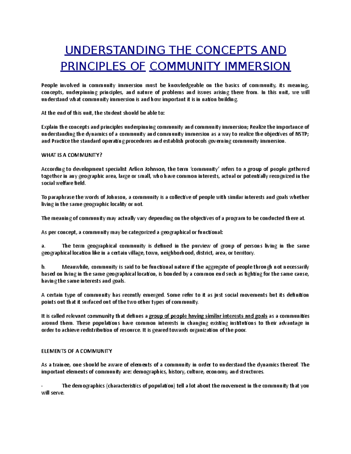 Understanding THE Concepts AND Principles OF Community Immersion - UNDERSTANDING THE CONCEPTS ...