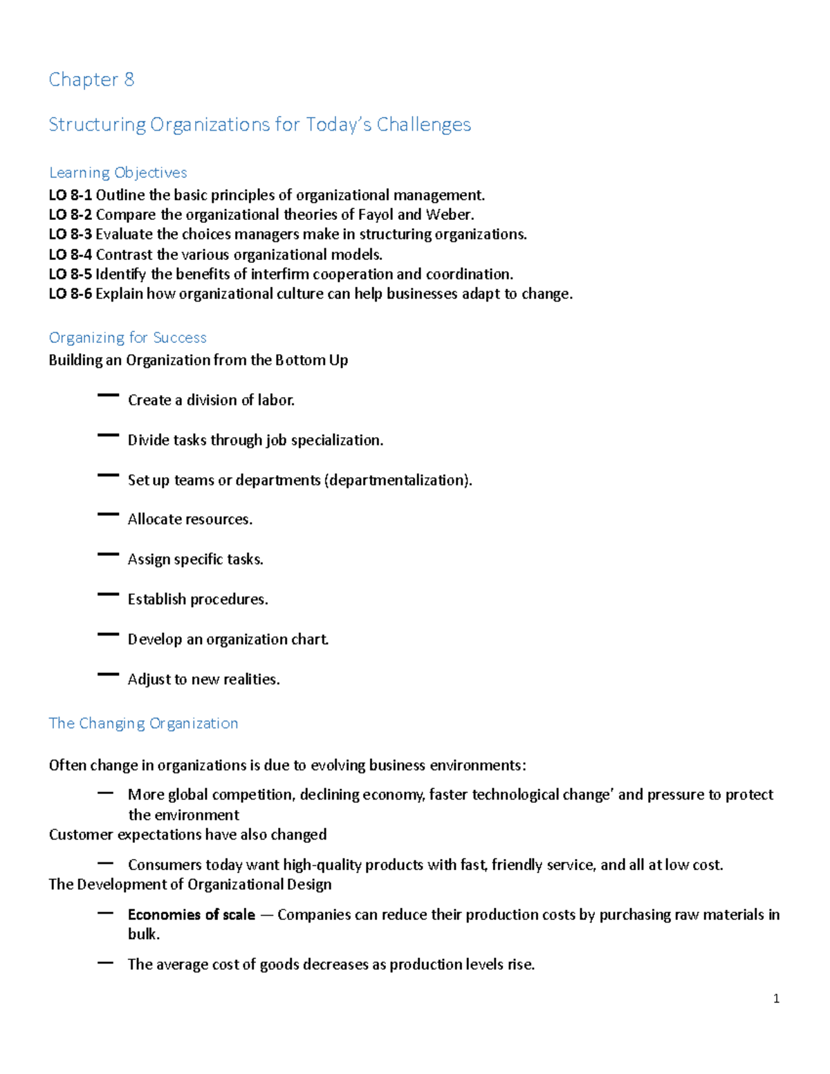 BUS9 Chapter 8 Outline - Chapter 8 Structuring Organizations for Today ...