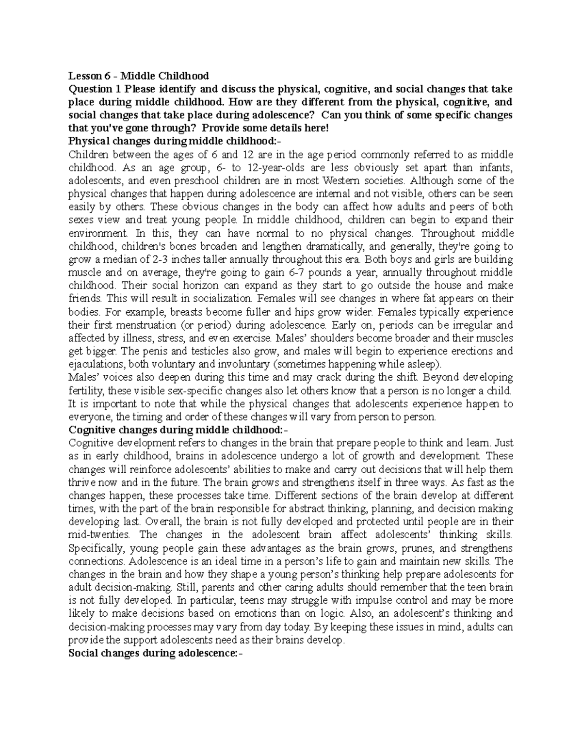 Lesson 6: Exploring Changes in Middle Childhood Development - Studocu