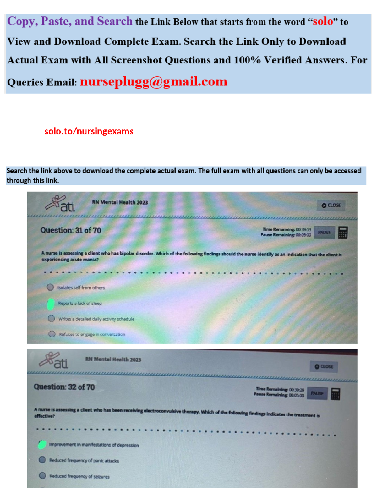 ATI RN Mental Health 2023 Proctored Exam: NGN 70 Q&A Guide - Studocu