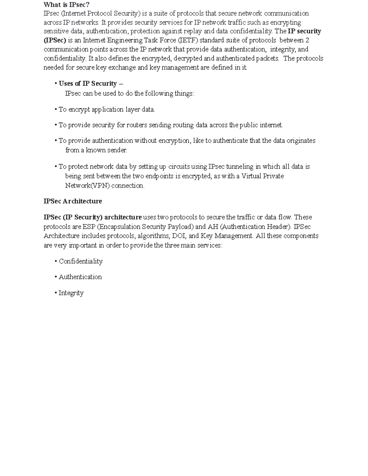 IPsec (Internet Protocol Security) Overview and Its Architecture - Studocu