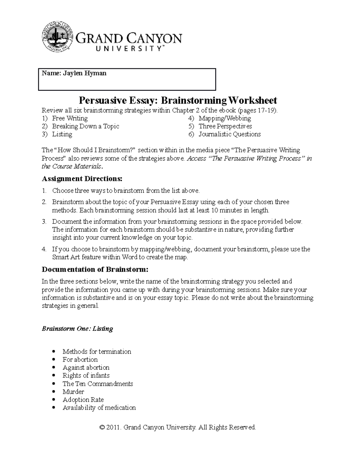 PHI 105 Brainstormm - Just a worksheet that needed to be completed ...