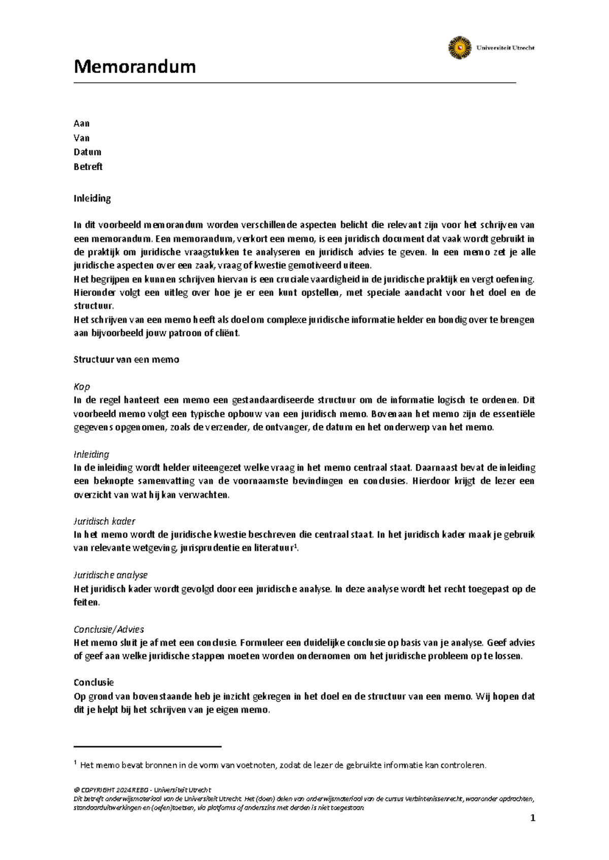 Voorbeeld Memorandum voor de Cursus Verbintenissenrecht (VR) - Studeersnel