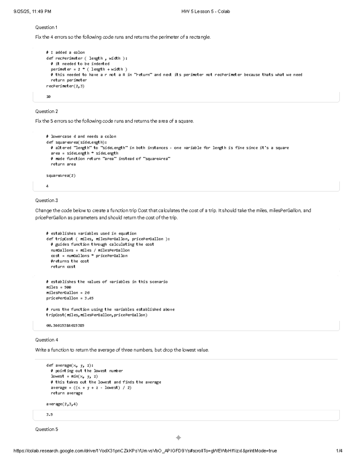HW 5 - Functions & Calculations in Python (Colab) Solutions - Studocu