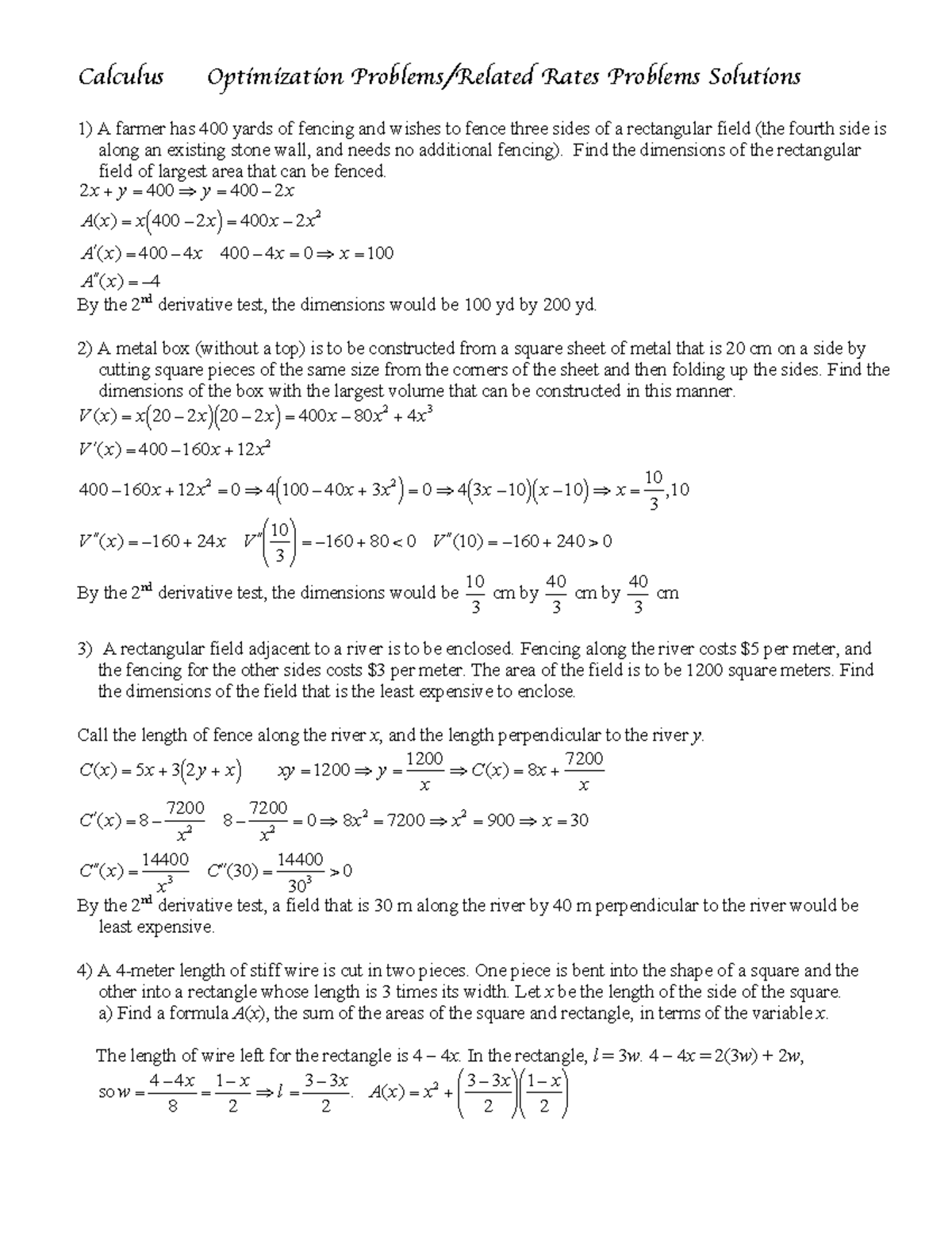 Calculus Optimization Problems Solutions (MATH 101) - Studocu