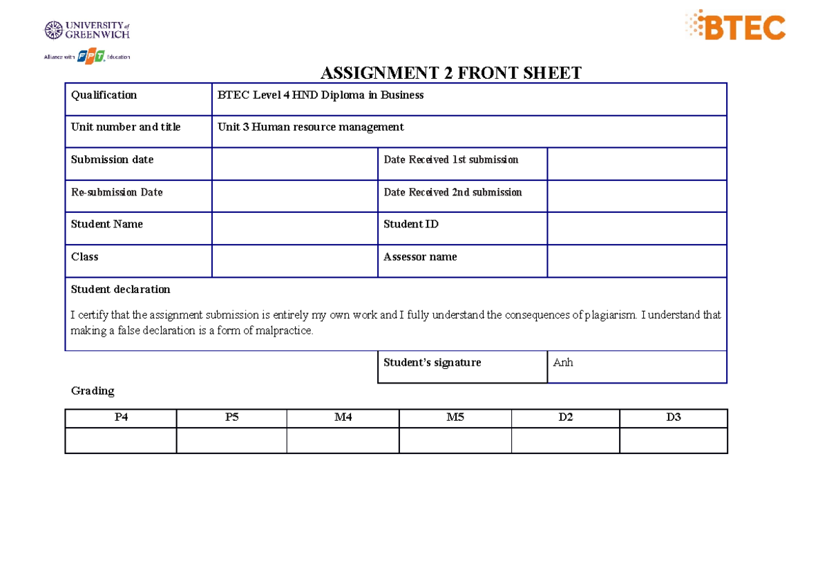 5035 - ssadsad - ASSIGNMENT 2 FRONT SHEET Qualification BTEC Level 4 HND Diploma in Business ...