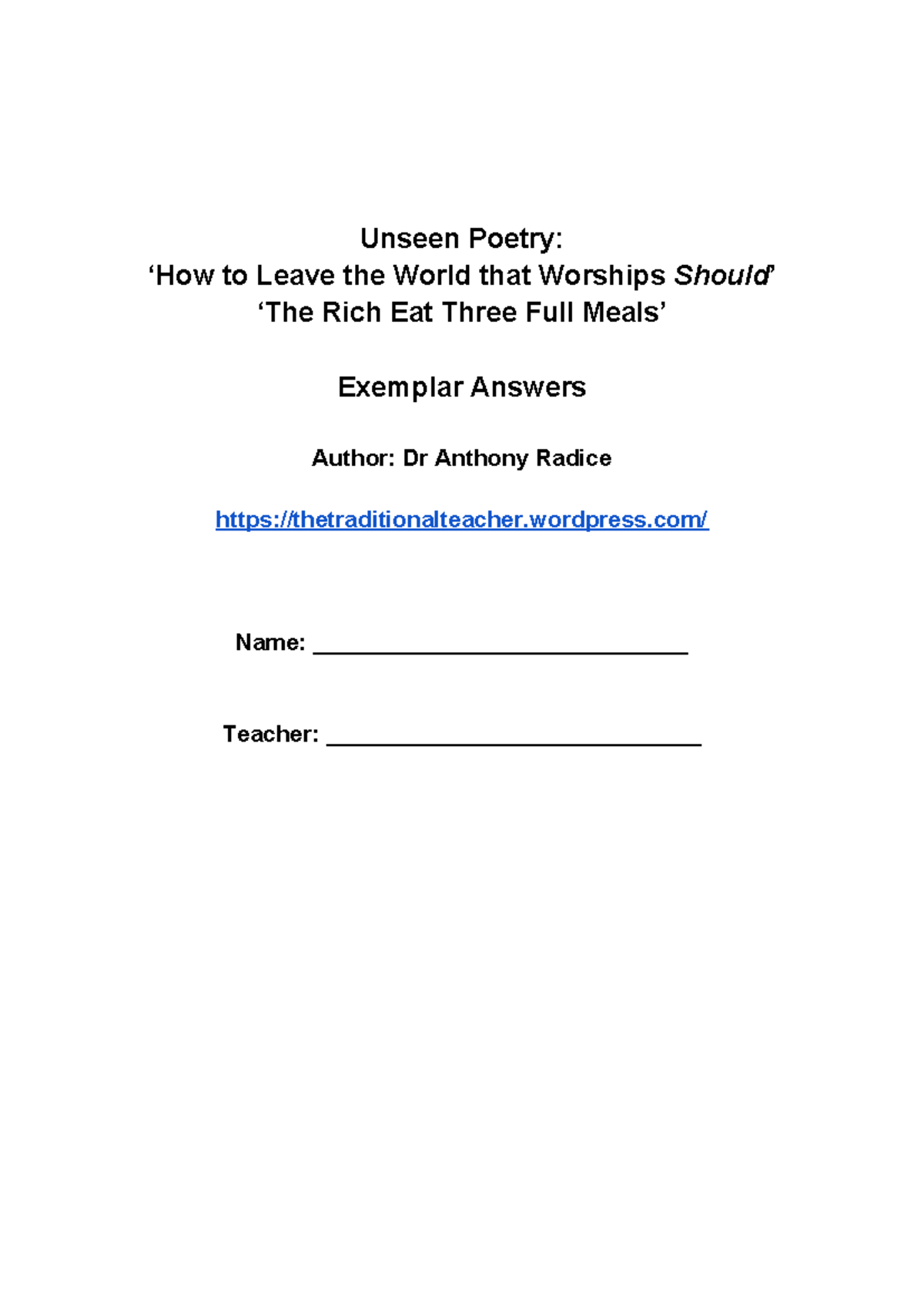 Unseen Poetry Practice: Analysis of Key Poems and Exemplars - Studocu