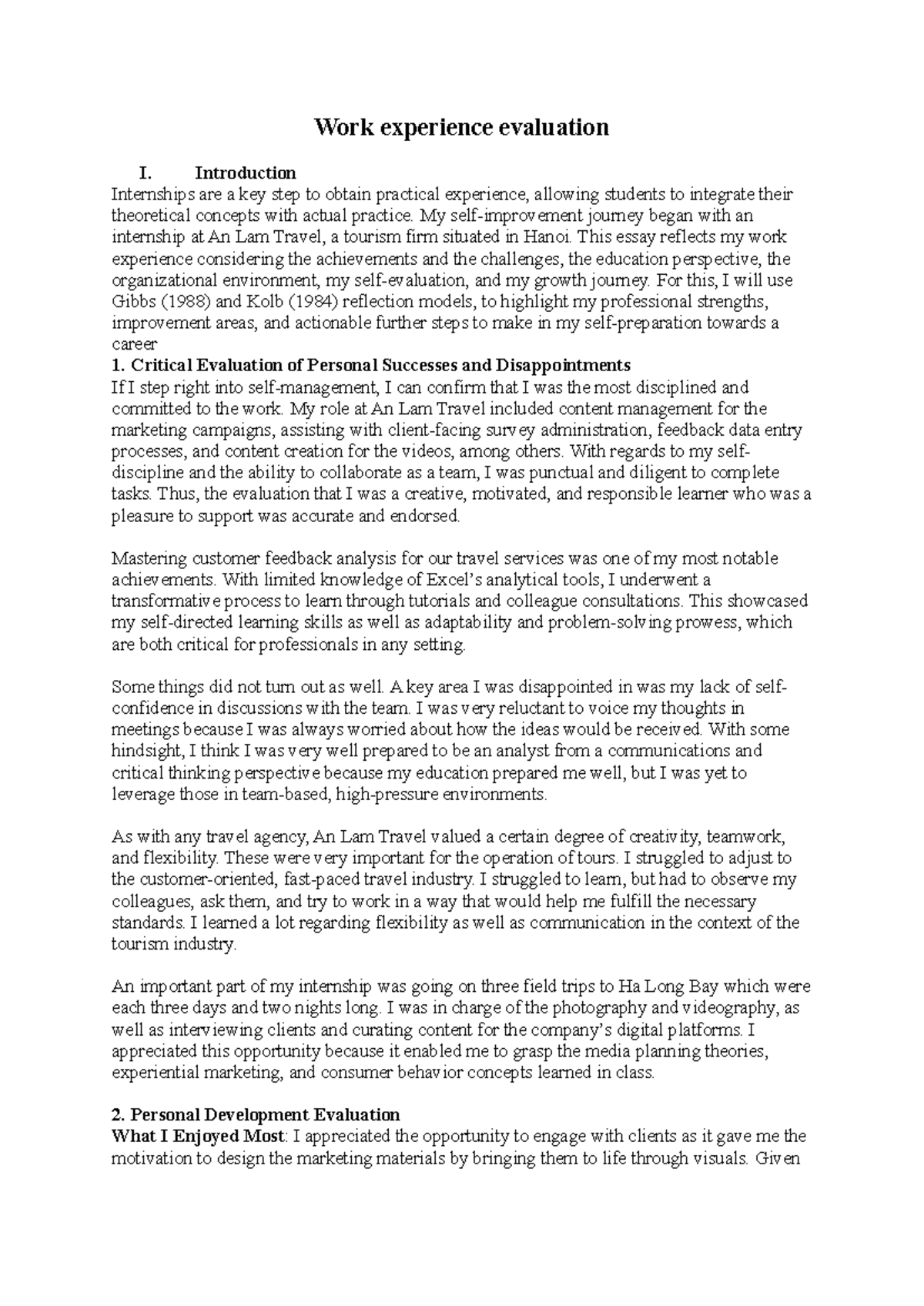 Internship Reflection: Work Experience Evaluation at An Lam Travel ...