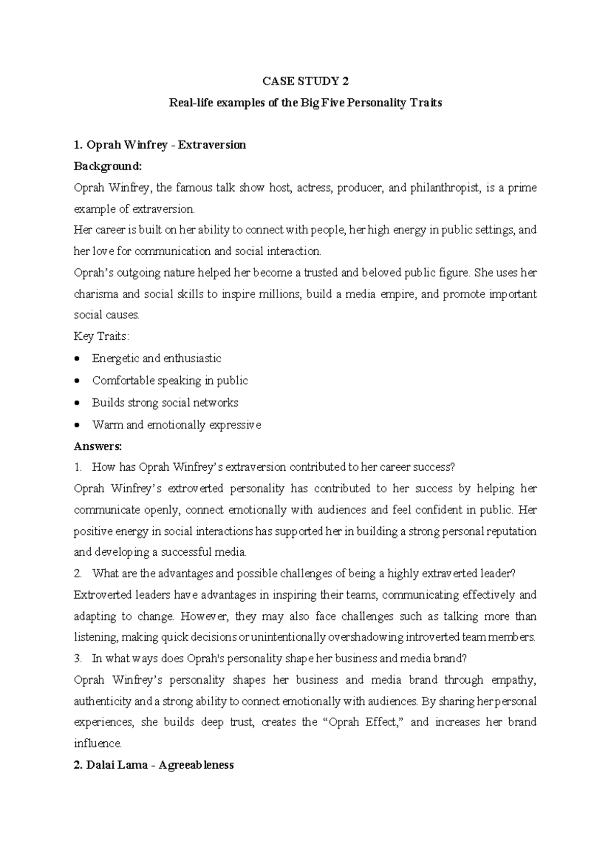 CASE STUDY 2: Big Five Personality Traits in Leaders - Studocu